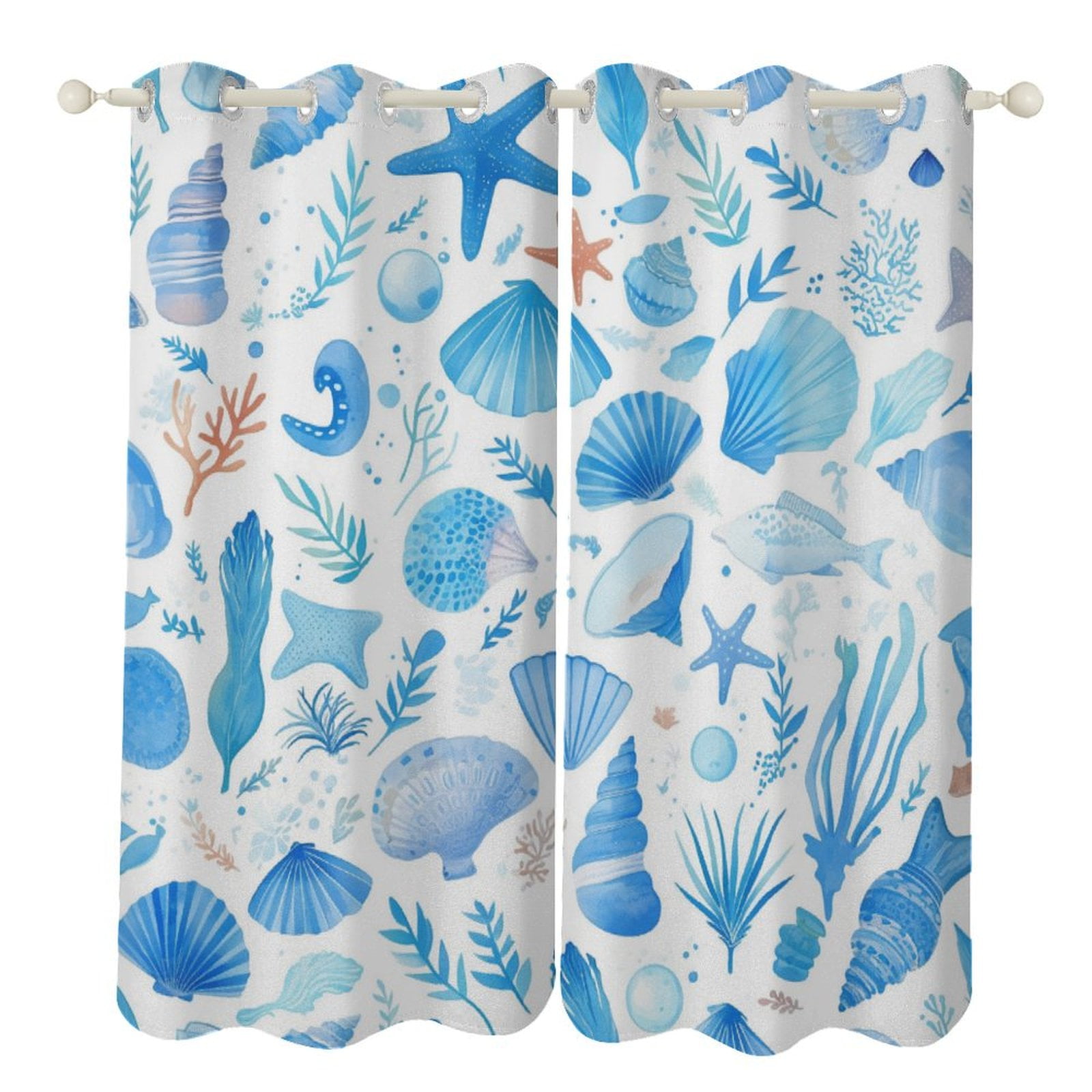 Beach Seashell Starfish Curtains Watercolor Theme Window Curtains ...