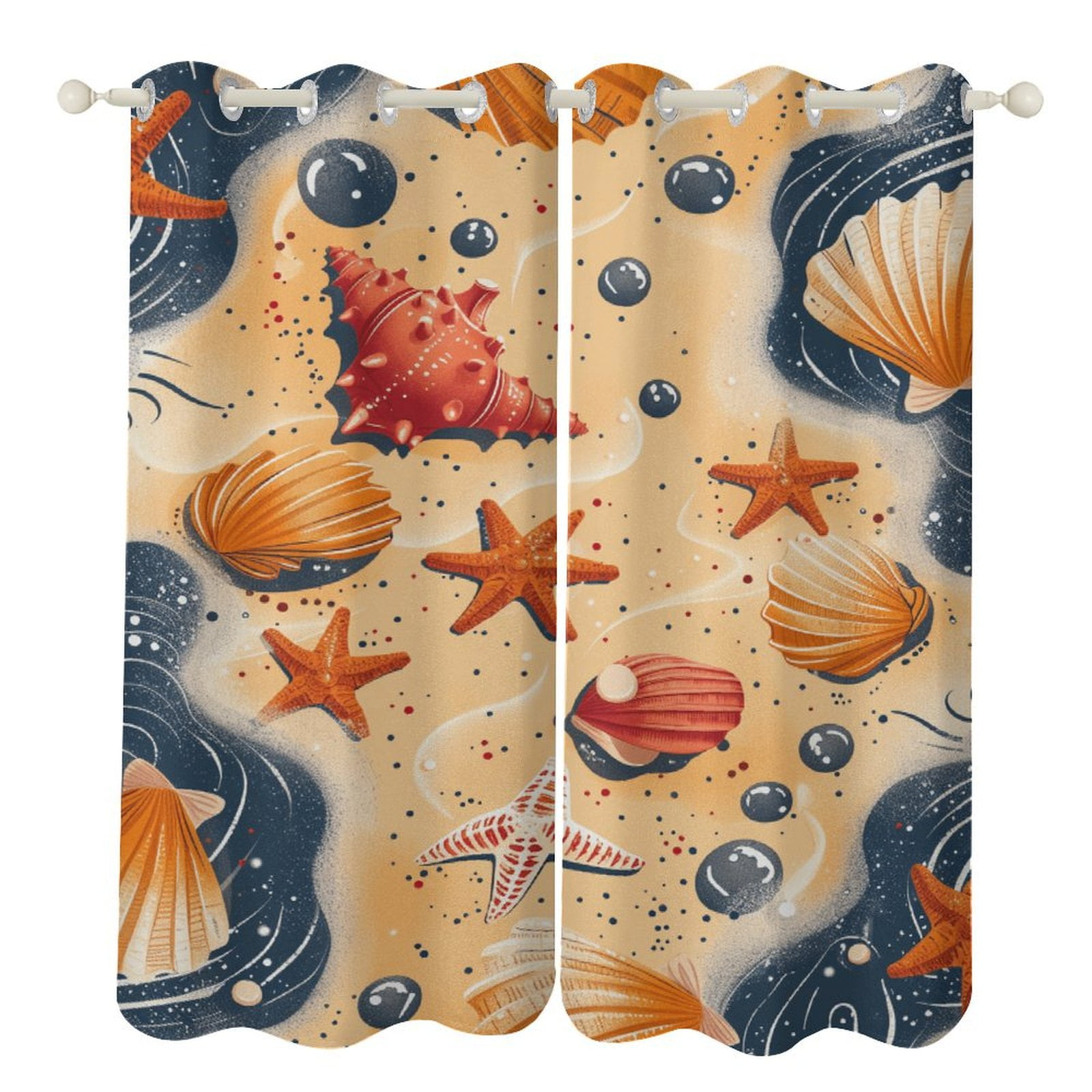 Beach Seashell Starfish Curtains Watercolor Theme Window Curtains ...