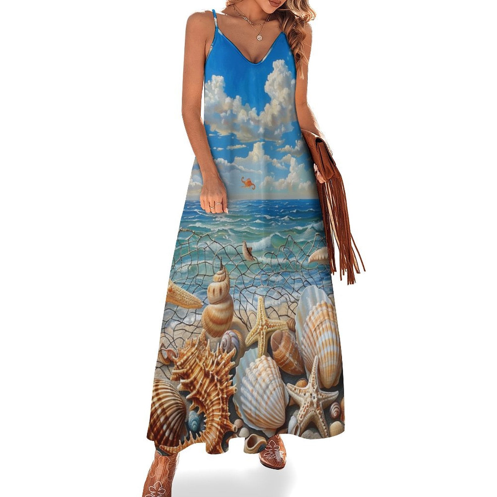 Beach Seashell Starfish Design Sleeveless Dress Woman Fashion Long ...