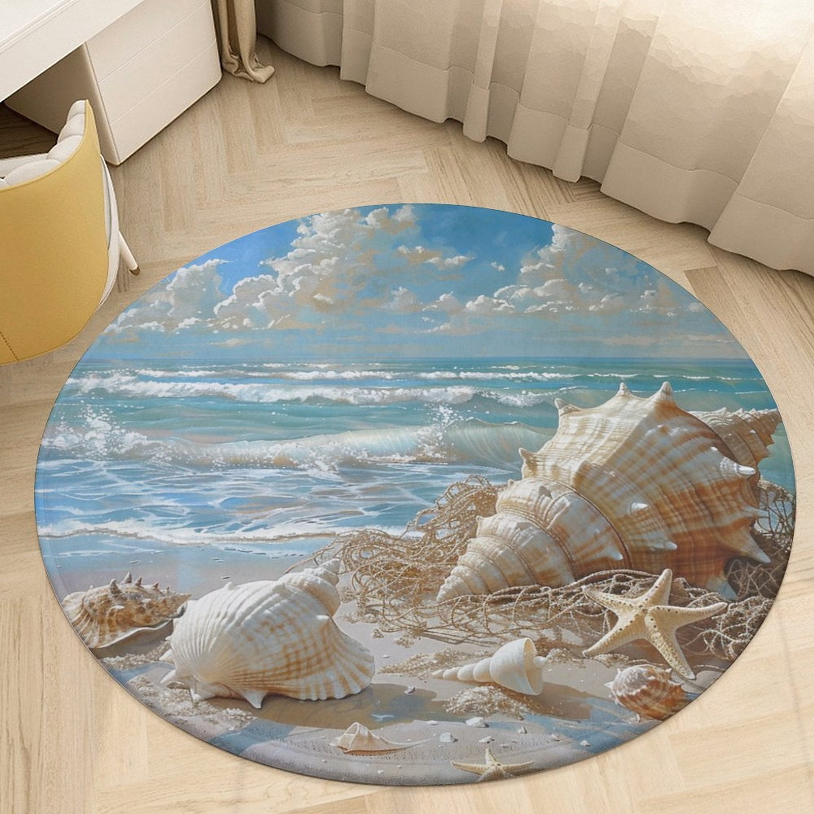 Beach Seashell Starfish Floral Medallion Round Rug - Small Round Area ...