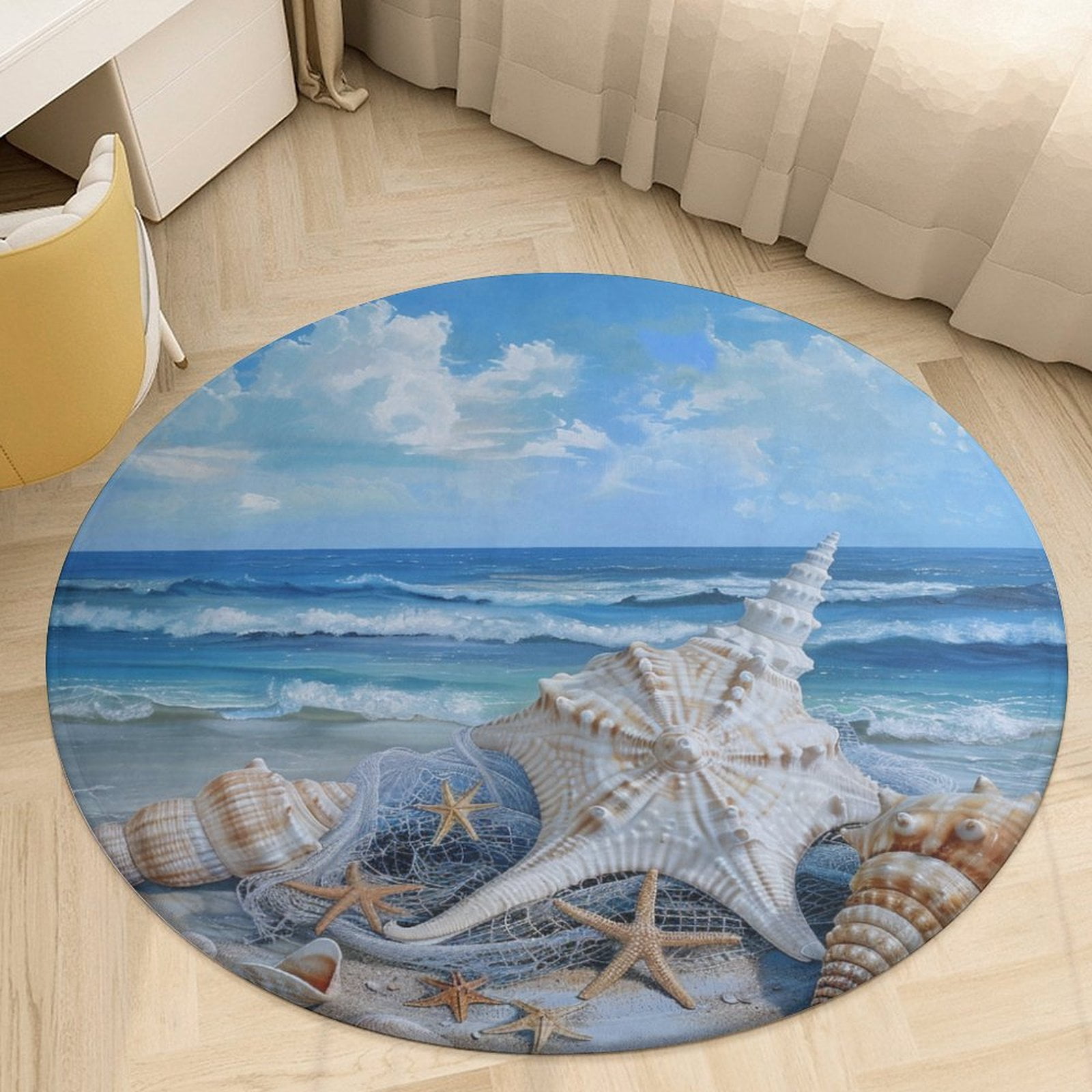 Beach Seashell Starfish Round Rugs -Washable Non-Slip Small Round Area ...