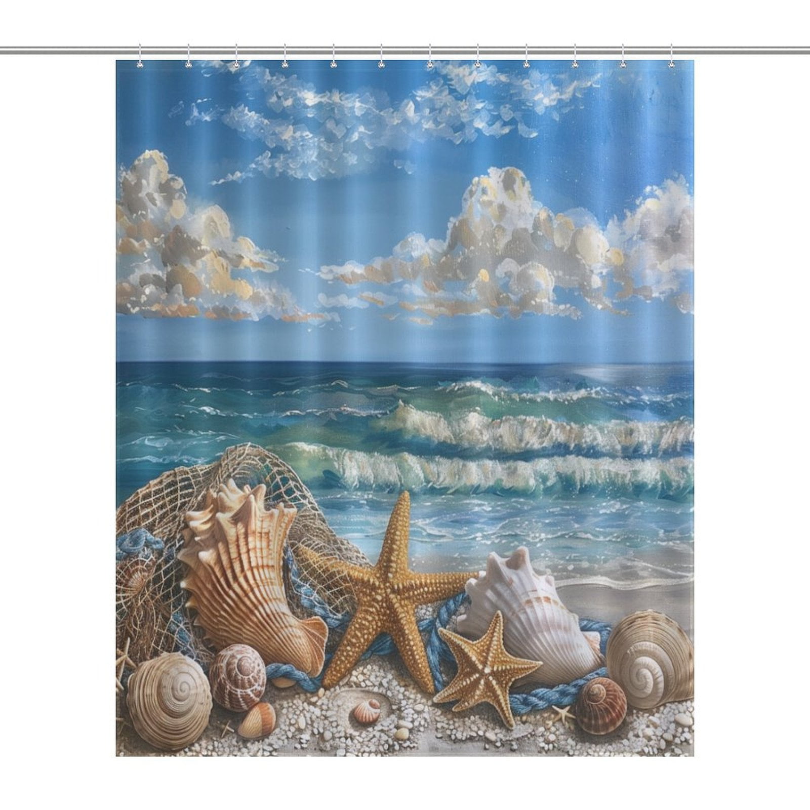 Beach Seashell Starfish Shower Curtain Fabric Bathroom Decor with Hooks ...