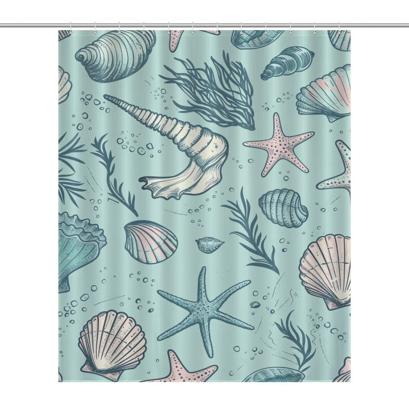Beach Seashell Starfish Shower Curtain Fabric Bathroom Decor with Hooks ...