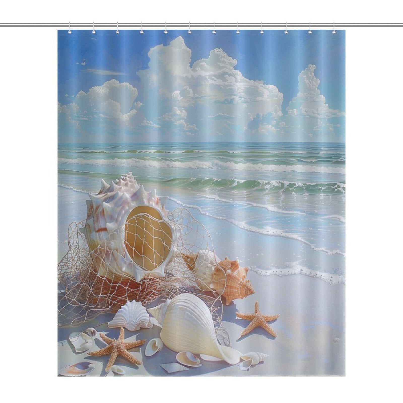 Beach Seashell Starfish Shower Curtain for Bathroom with 12Hooks ...
