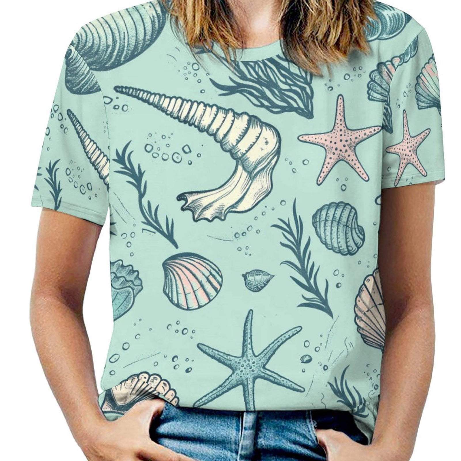 Beach Seashell Starfish T Shirts Basic T-Shirt Short Sleeve Ladies Tee ...