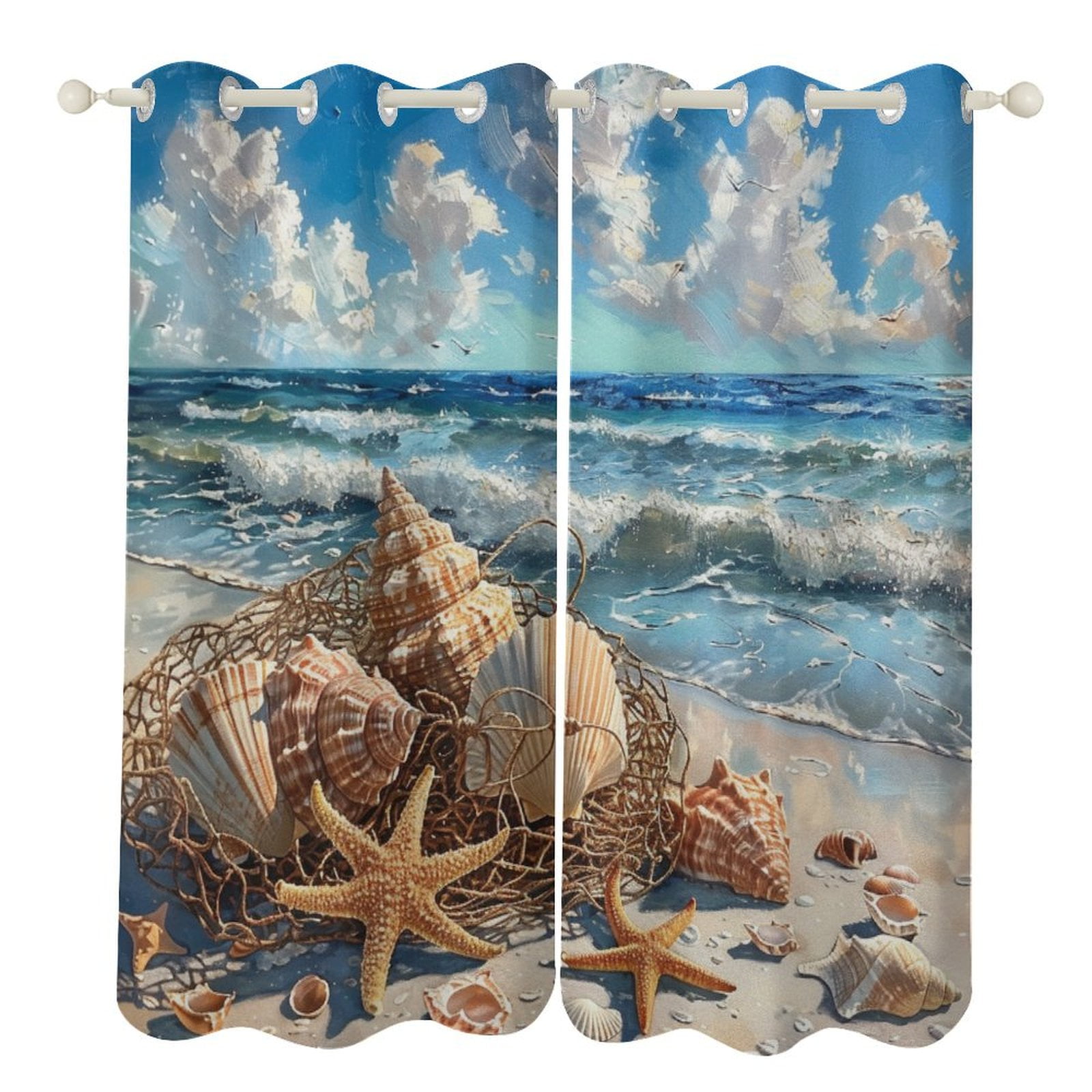 Beach Seashell Starfish Window Curtains for Bedroom Colorful Printed ...