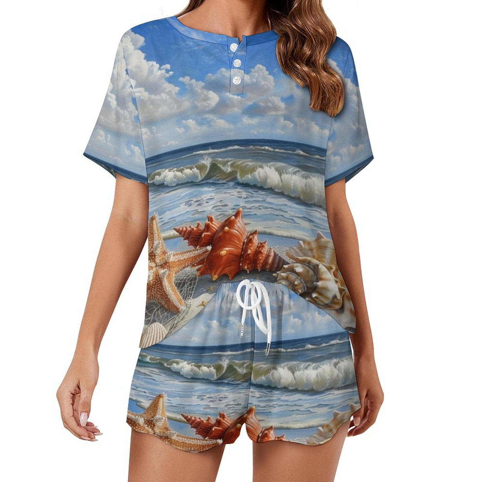 Beach Seashell Starfish Women's Ruffle Short Sleeve Tops And Shorts ...