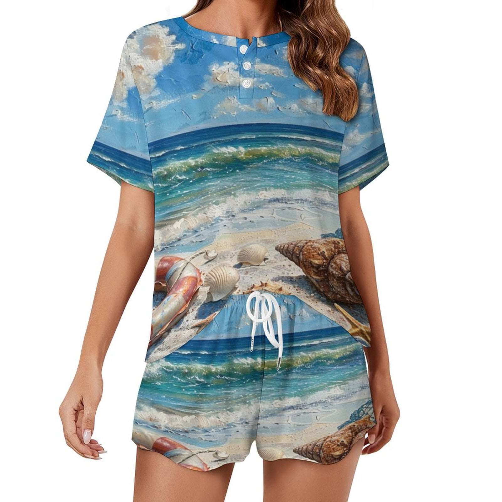 Beach Seashell Starfish Women's Ruffle Short Sleeve Tops And Shorts ...