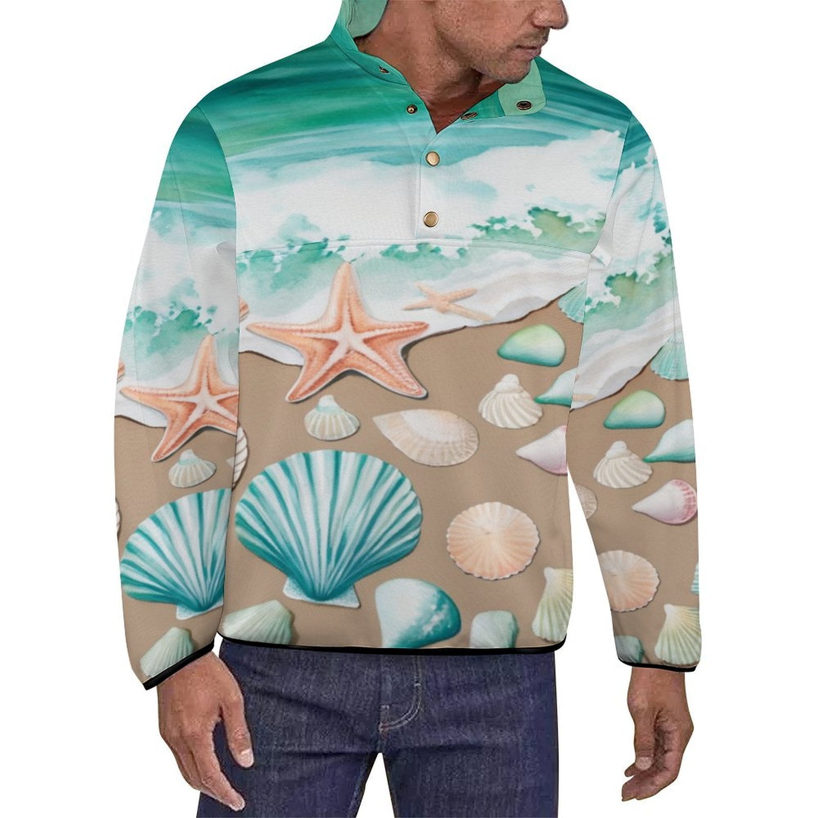 Beach Seashell Waves Art Men's Stand Collar Sweater Long Sleeve ...