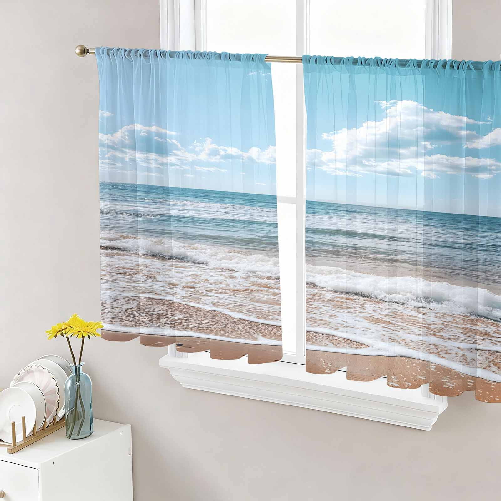 Beach Sheer Curtains for Living Room Bedroom, Ocean Scenery Light ...