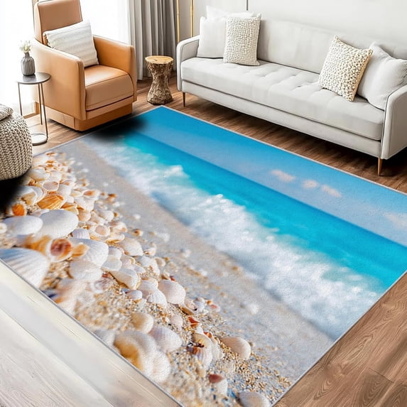 Beach Shell Ocean Area Rug, Coastal Design Carpet, Washable Non Slip ...