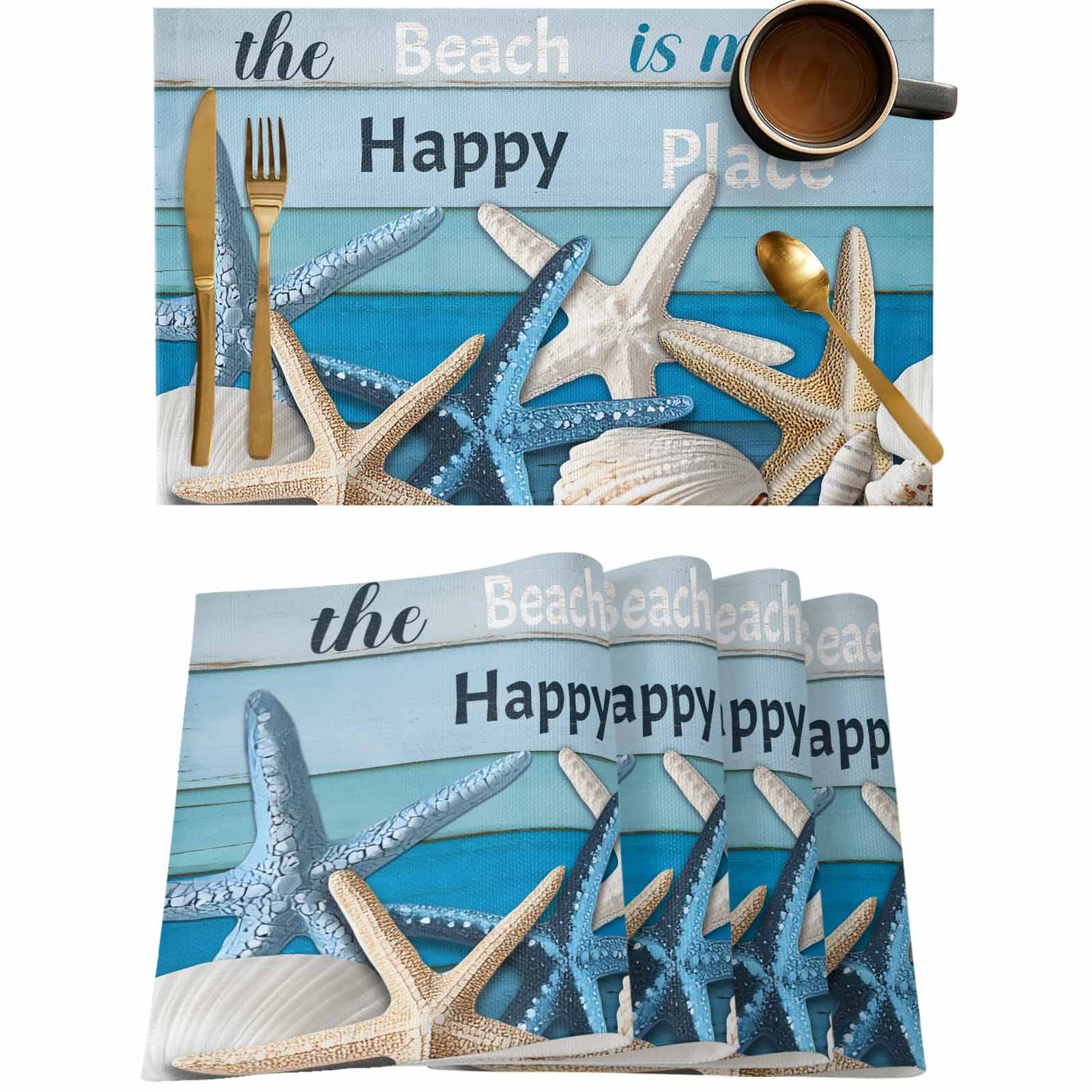 Beach Shell Starfish Happy Place Placemats Set of 4,Wipeable Washable ...