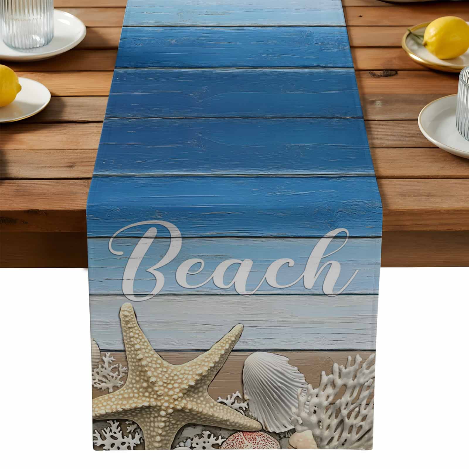 Beach Shell Starfish Ocean Table Runners 13x90 Inches Long Linen Burlap ...
