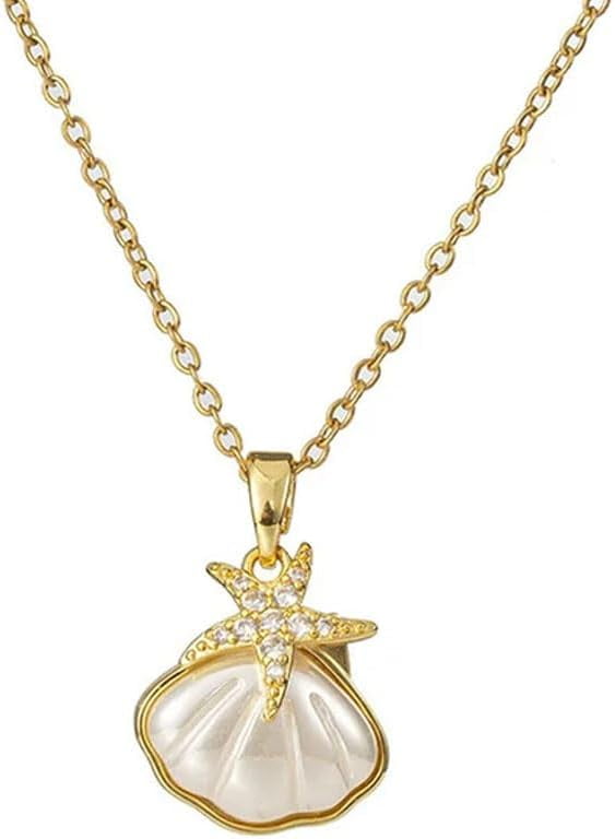 Beach Shell and Starfish Pendant Necklace, 925 Sterling Silver Shell ...