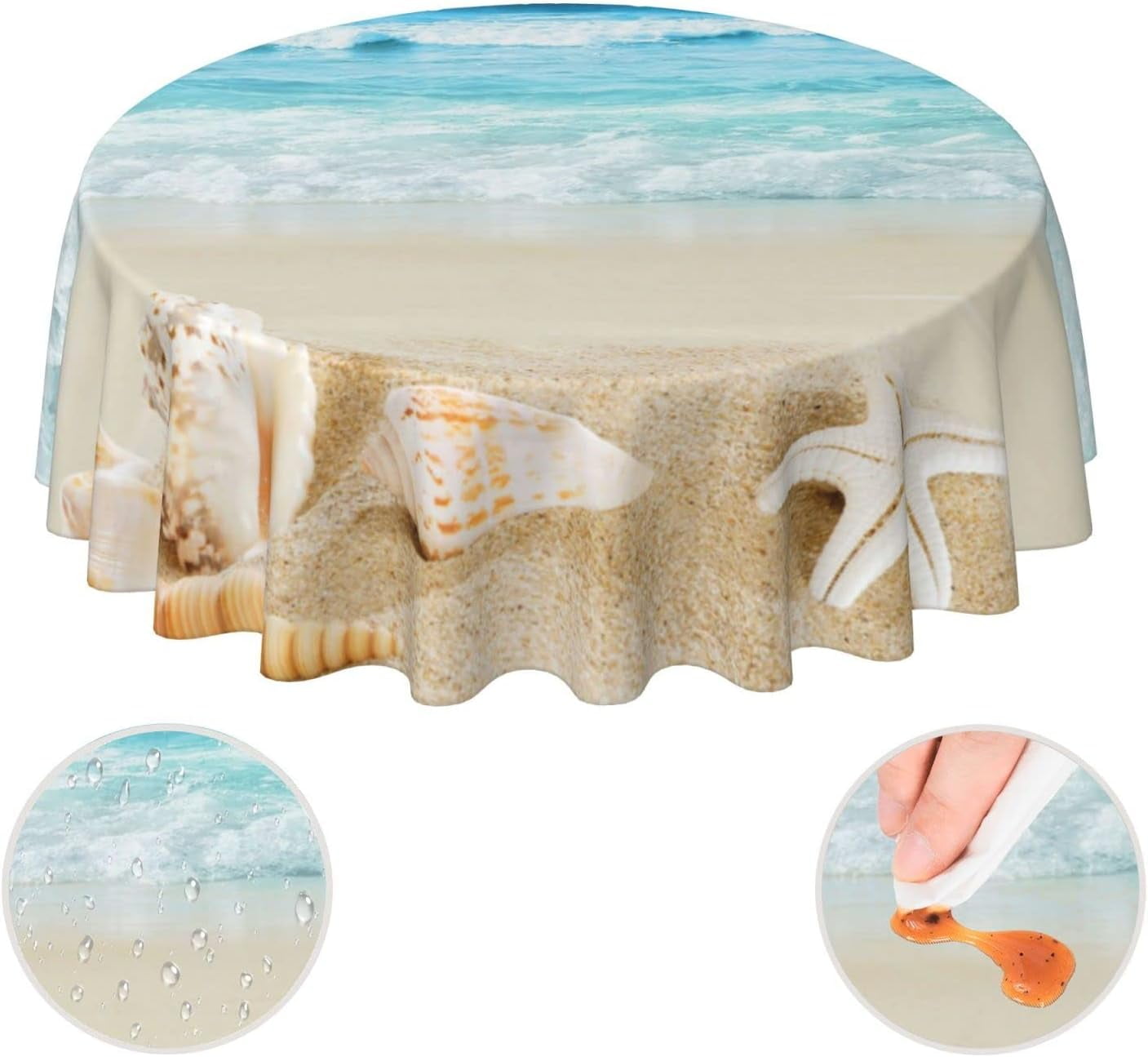 Beach Shells Scenery Summer Coastal Round Tablecloth Waterproof ...