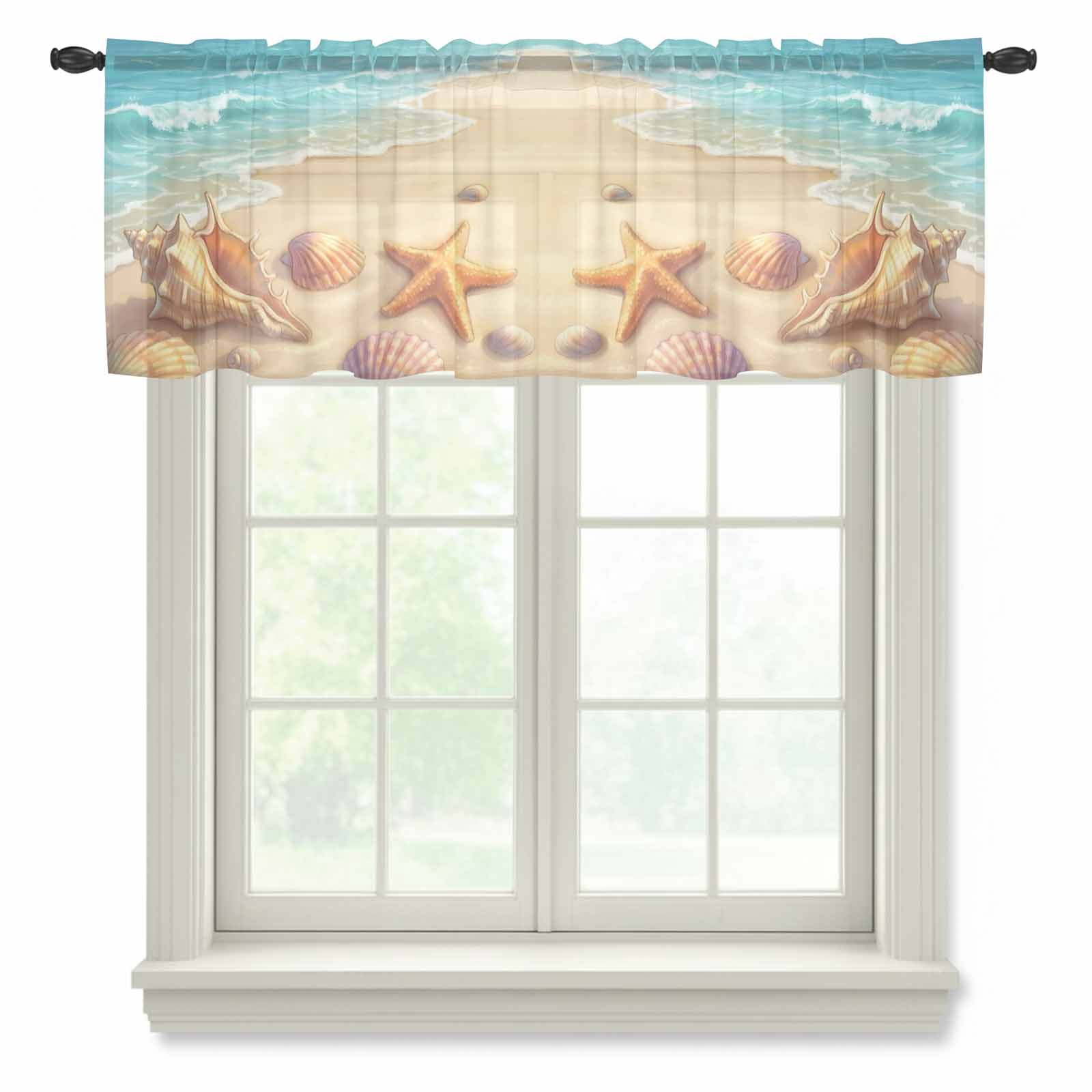 Beach Shells Sheer Valances for Windows, Starfish Blue Ocean Water ...