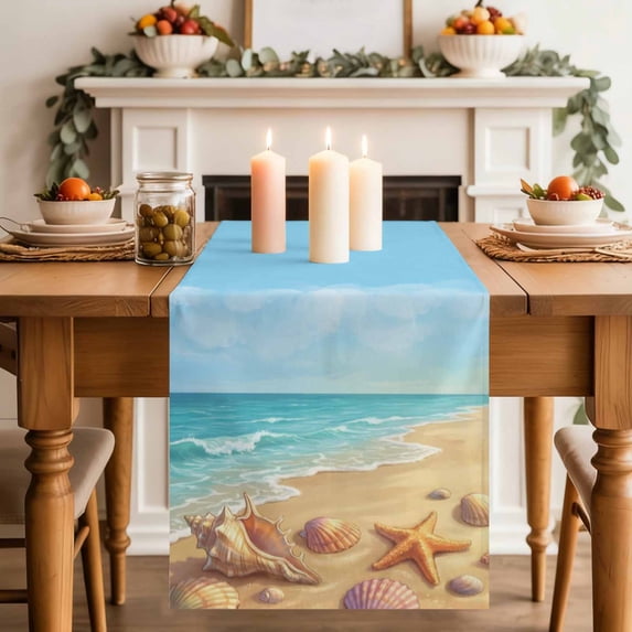Beach Shells Table Runner, Starfish Blue Ocean Water Coastal Summer ...