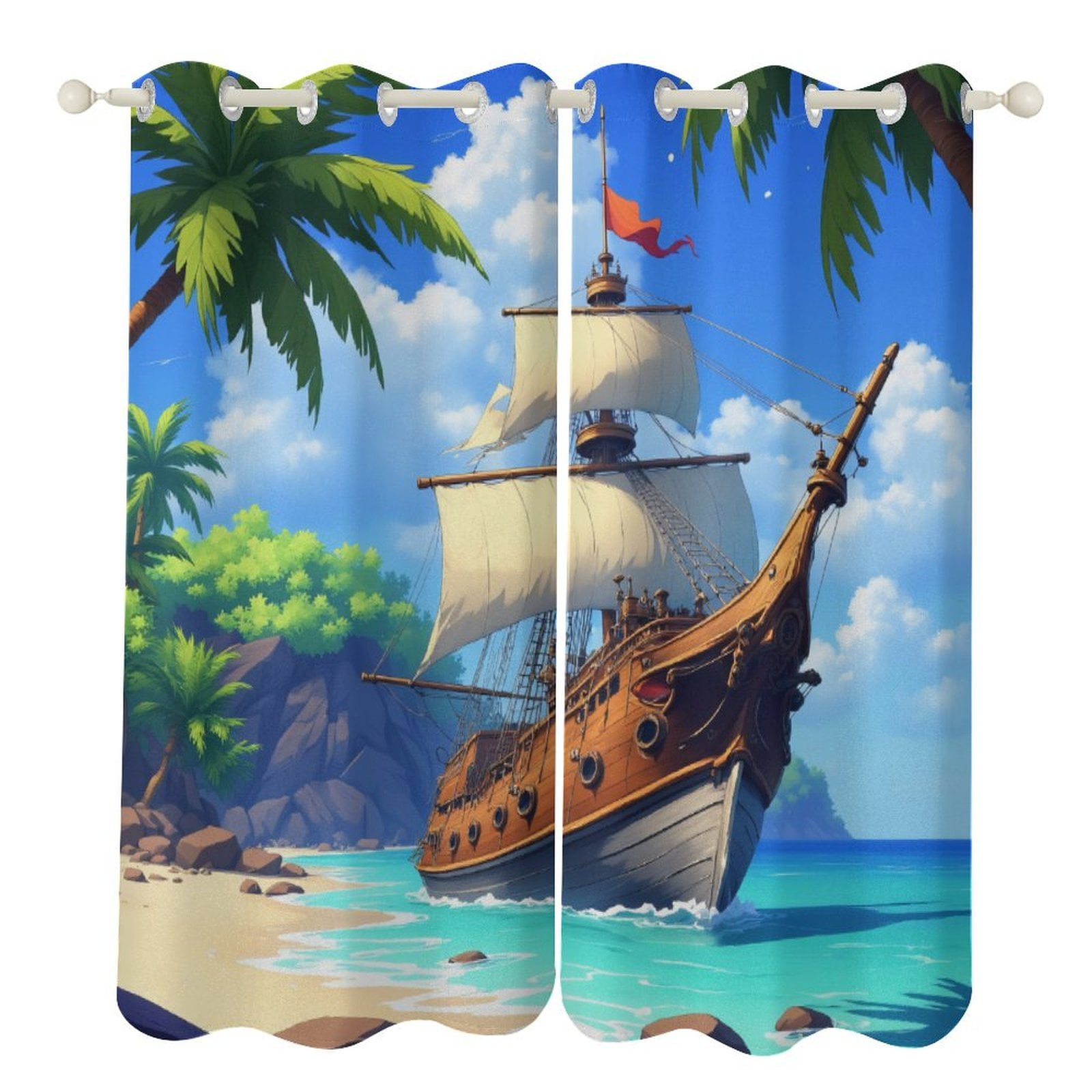 Beach Ship Scene Luxury Window Curtains Blinds for Living Room Kids Bedroom Bathroom Kicthen ...