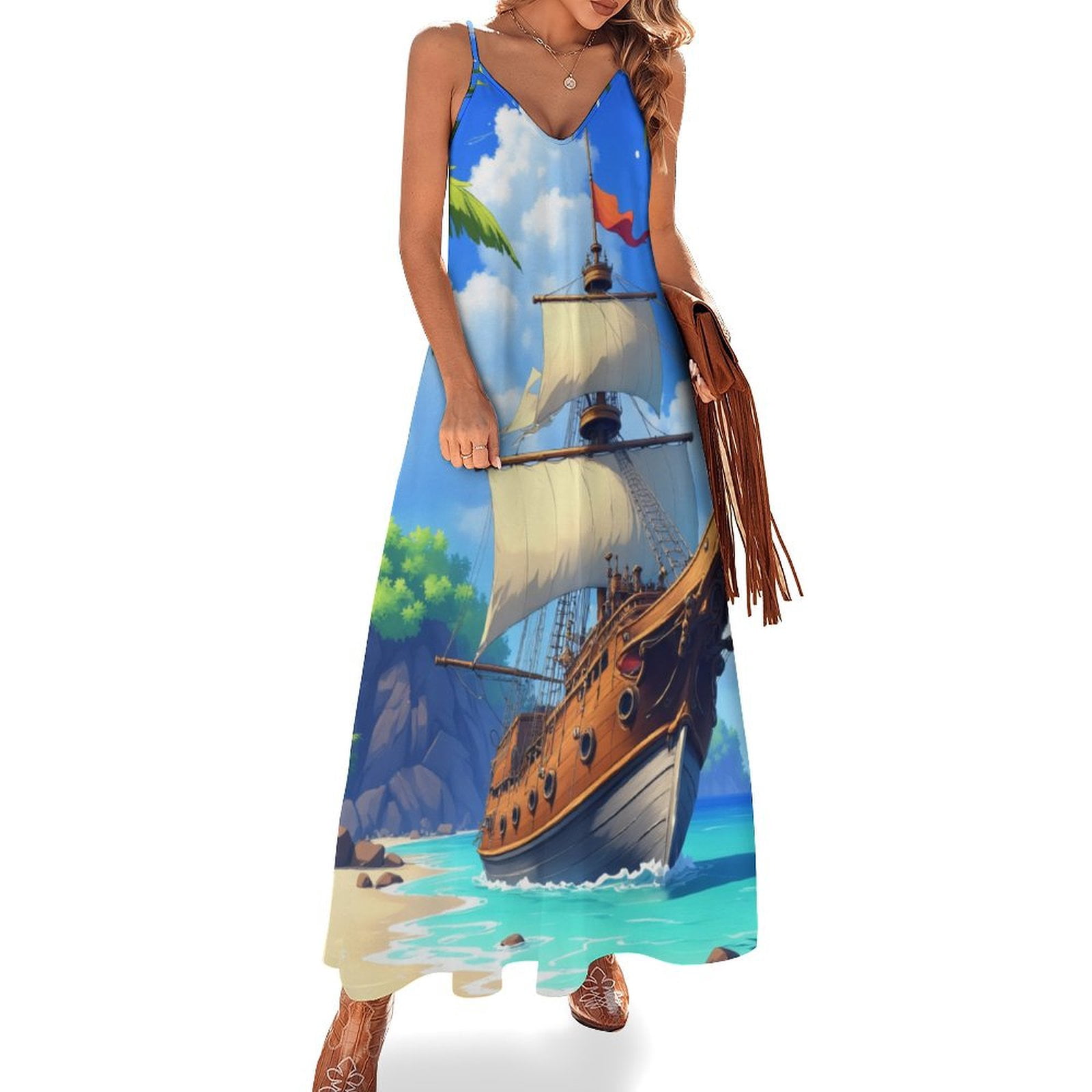 Beach Ship Scene Sleeveless Dress Women's Luxury Party Dress Birthday ...