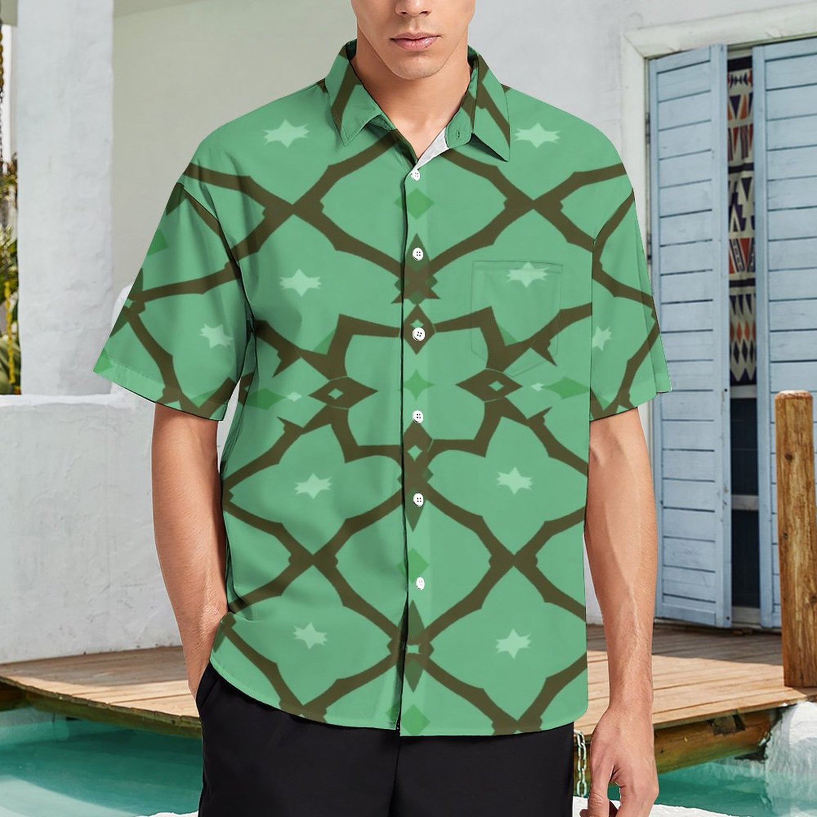 Beach Shirt Abstract Green Brown Geometric Pattern Man Retro Casual ...