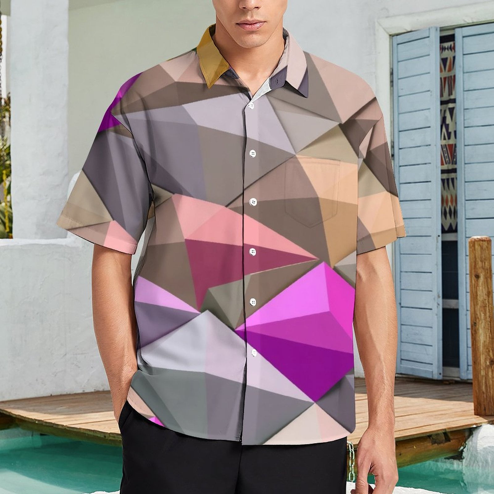 Beach Shirt Abstract Pastel Geometric Triangle Pattern Man Retro Casual ...