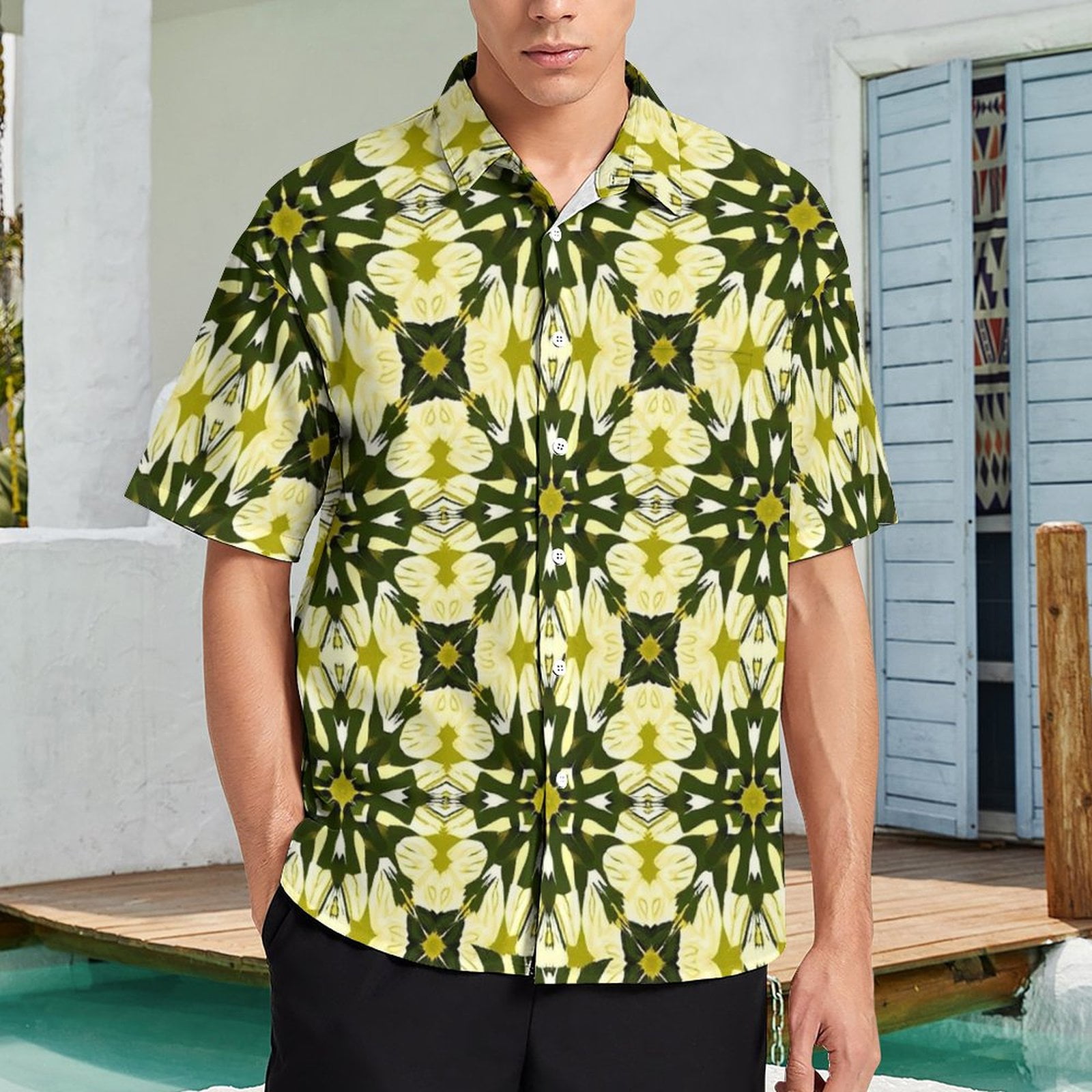 Beach Shirt Casual Shirts Abstract Floral Green Yellow Pattern Design Male Novelty Blouses ...