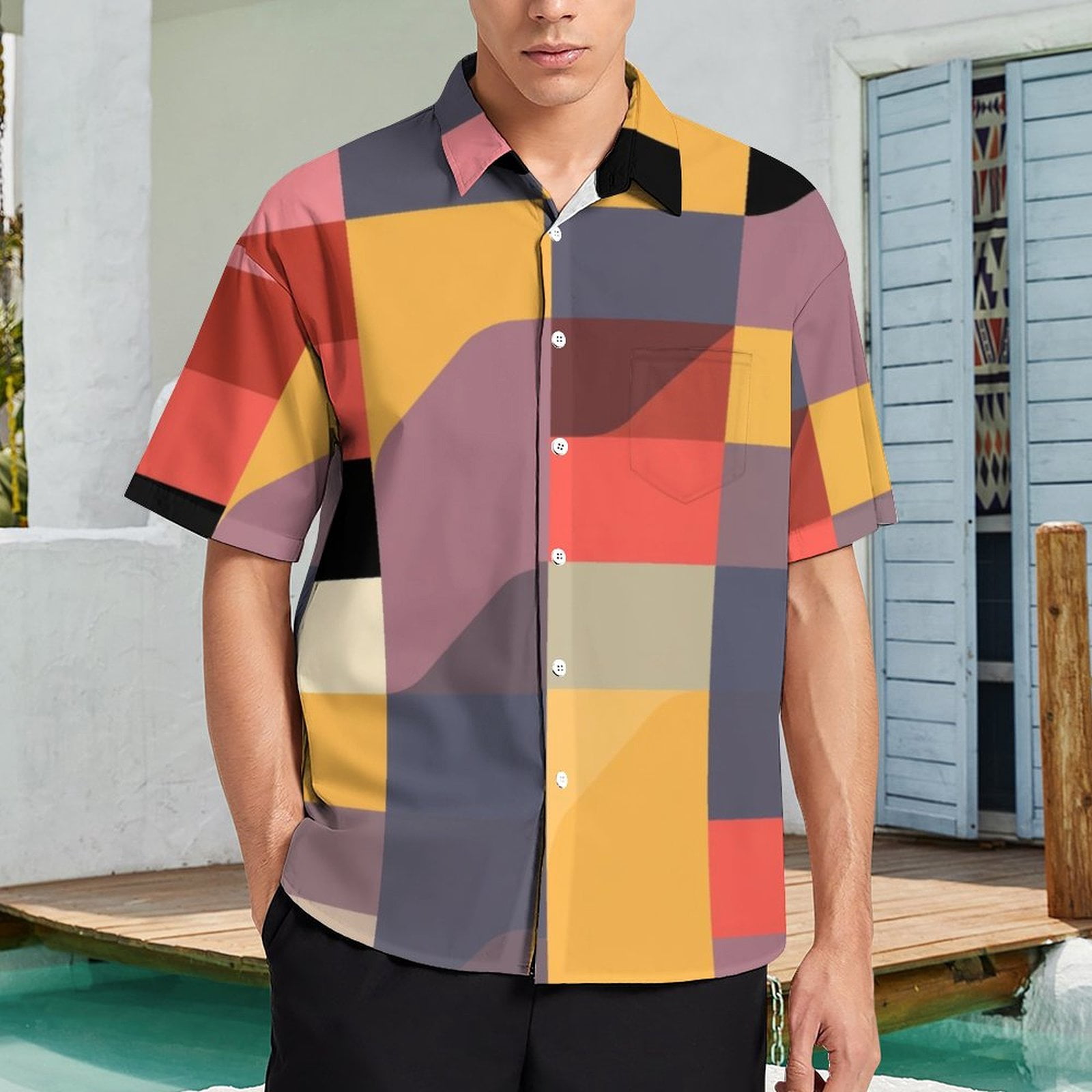 Beach Shirt Casual Shirts Abstract Geometric Colorful Grid Design Male ...