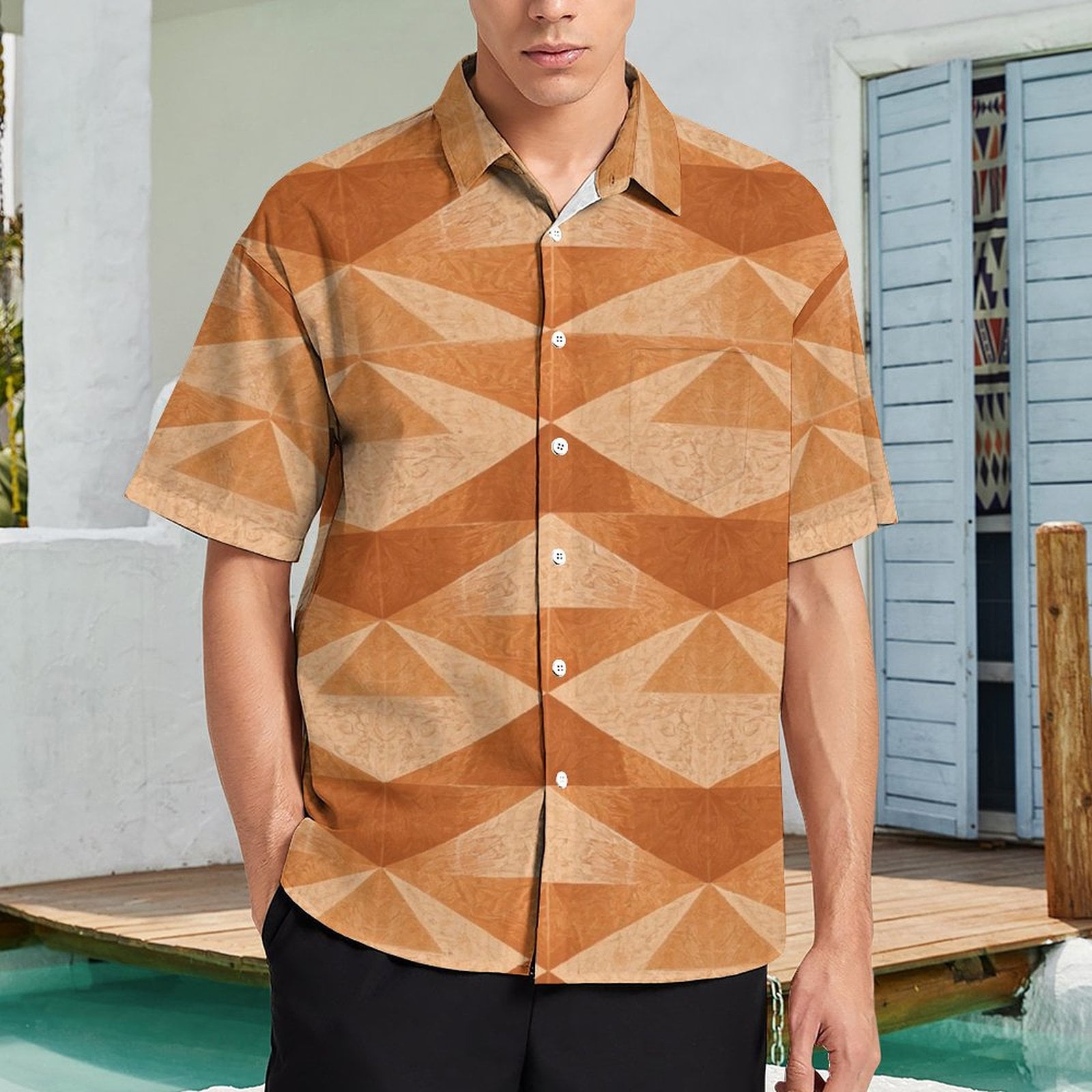 Beach Shirt Casual Shirts Abstract Orange Geometric Wood Pattern Male ...