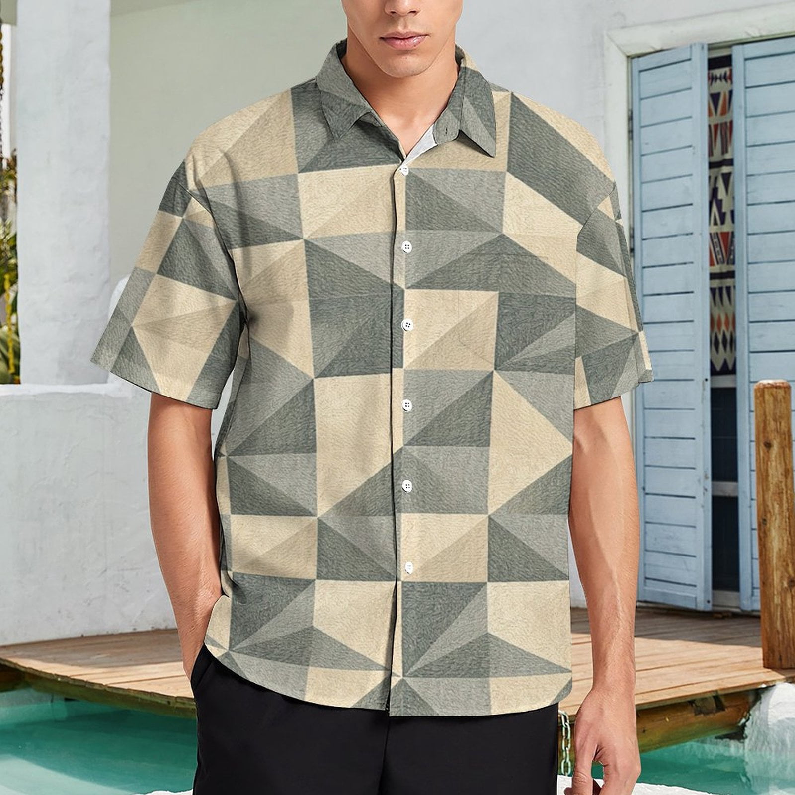 Beach Shirt Casual Shirts Beige Gray Geometric Triangle Pattern Texture ...