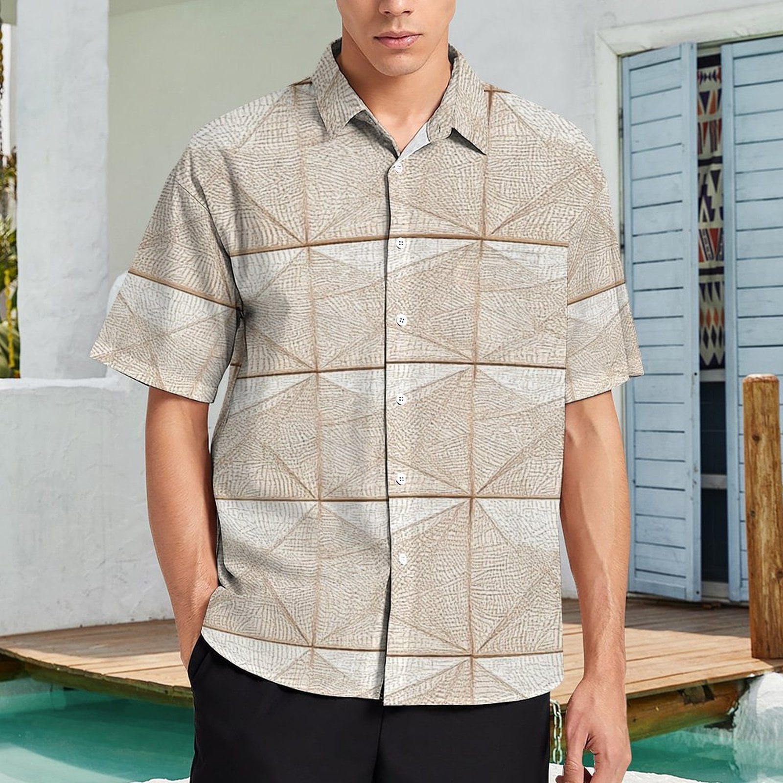 Beach Shirt Casual Shirts Beige Textured Geometric Tile Pattern Male ...