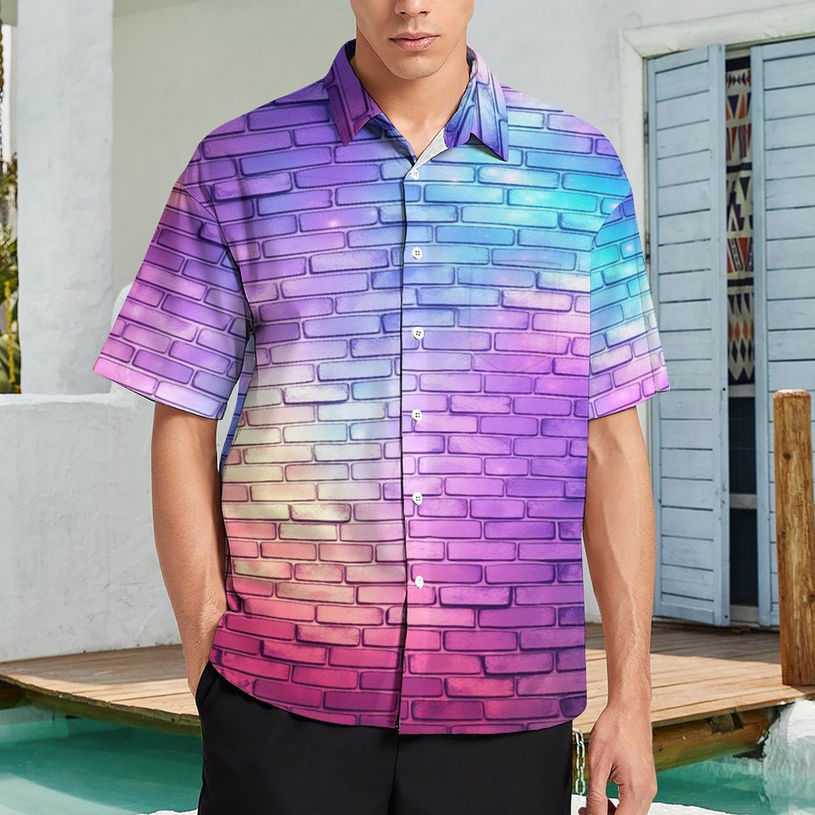 Beach Shirt Casual Shirts Colorful Brick Wall Male Novelty Blouses ...