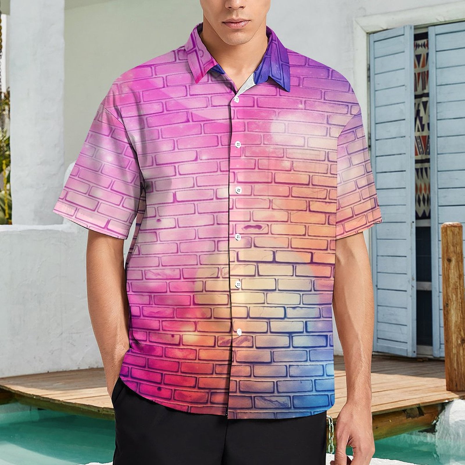 Beach Shirt Casual Shirts Colorful Brick Wall Male Novelty Blouses ...