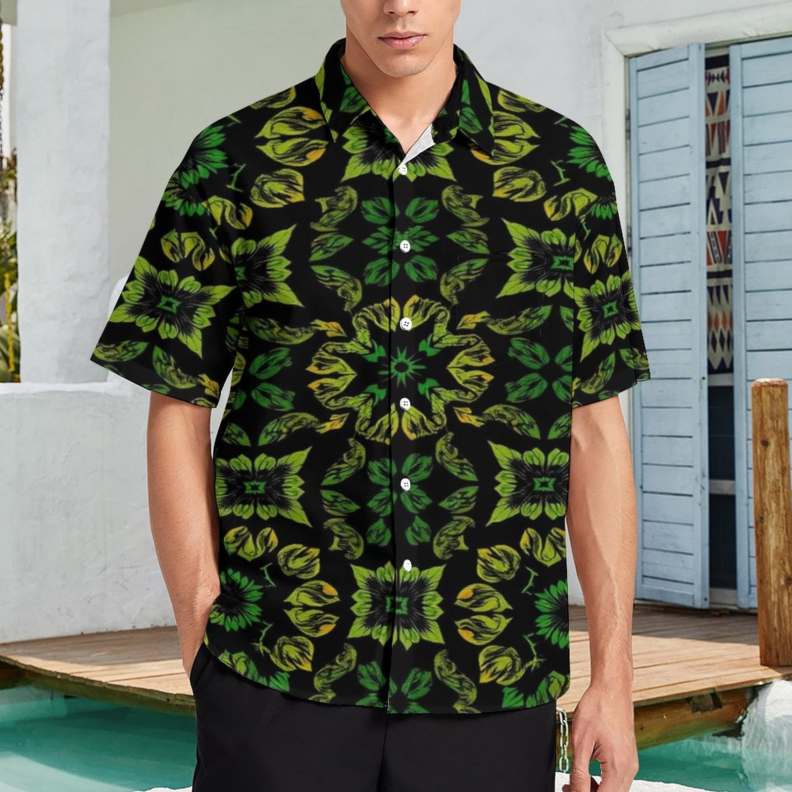 Beach Shirt Casual Shirts Dark Green Floral Seamless Pattern Design Male Novelty Blouses ...
