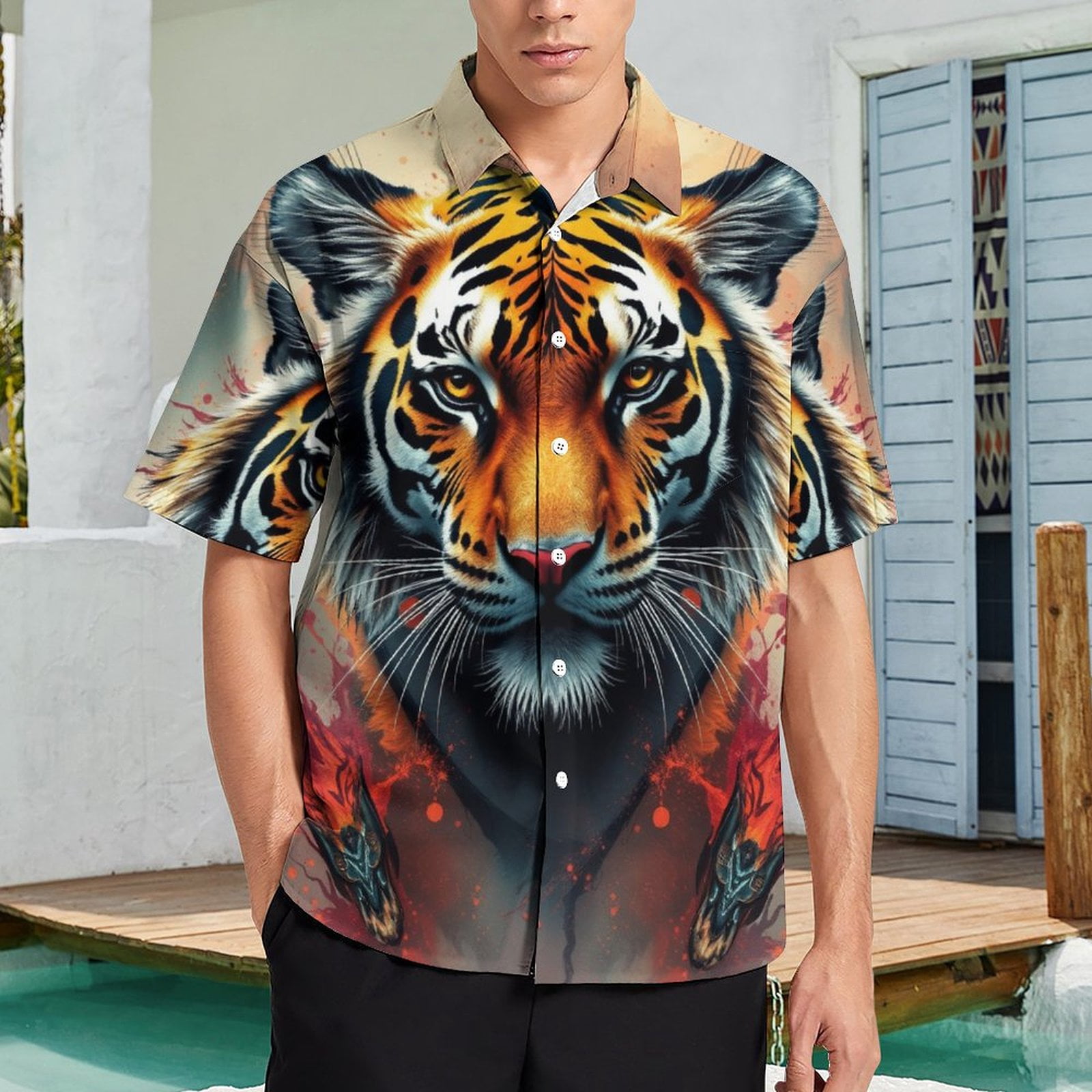 Beach Shirt Casual Shirts Fierce Tiger Abstract Vibrant Artwork Intense ...