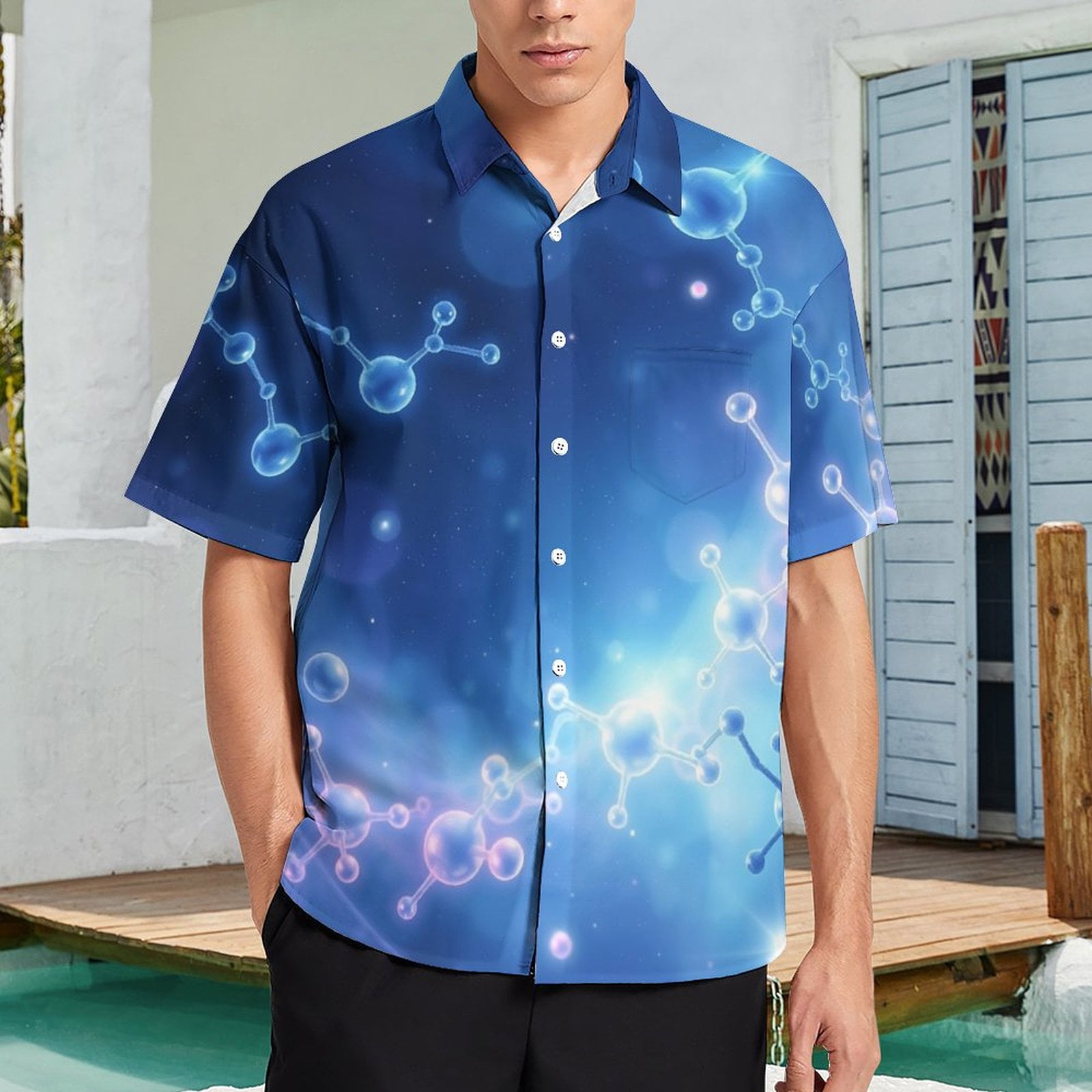 Beach Shirt Casual Shirts Floral Serotonin And Dopamine Moleculs Pattern Male Novelty Blouses ...
