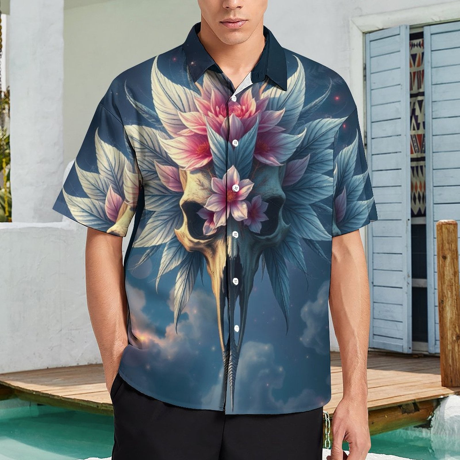 Beach Shirt Casual Shirts Flower And Feather Skull Art Pattern Male Novelty Blouses - Walmart.com