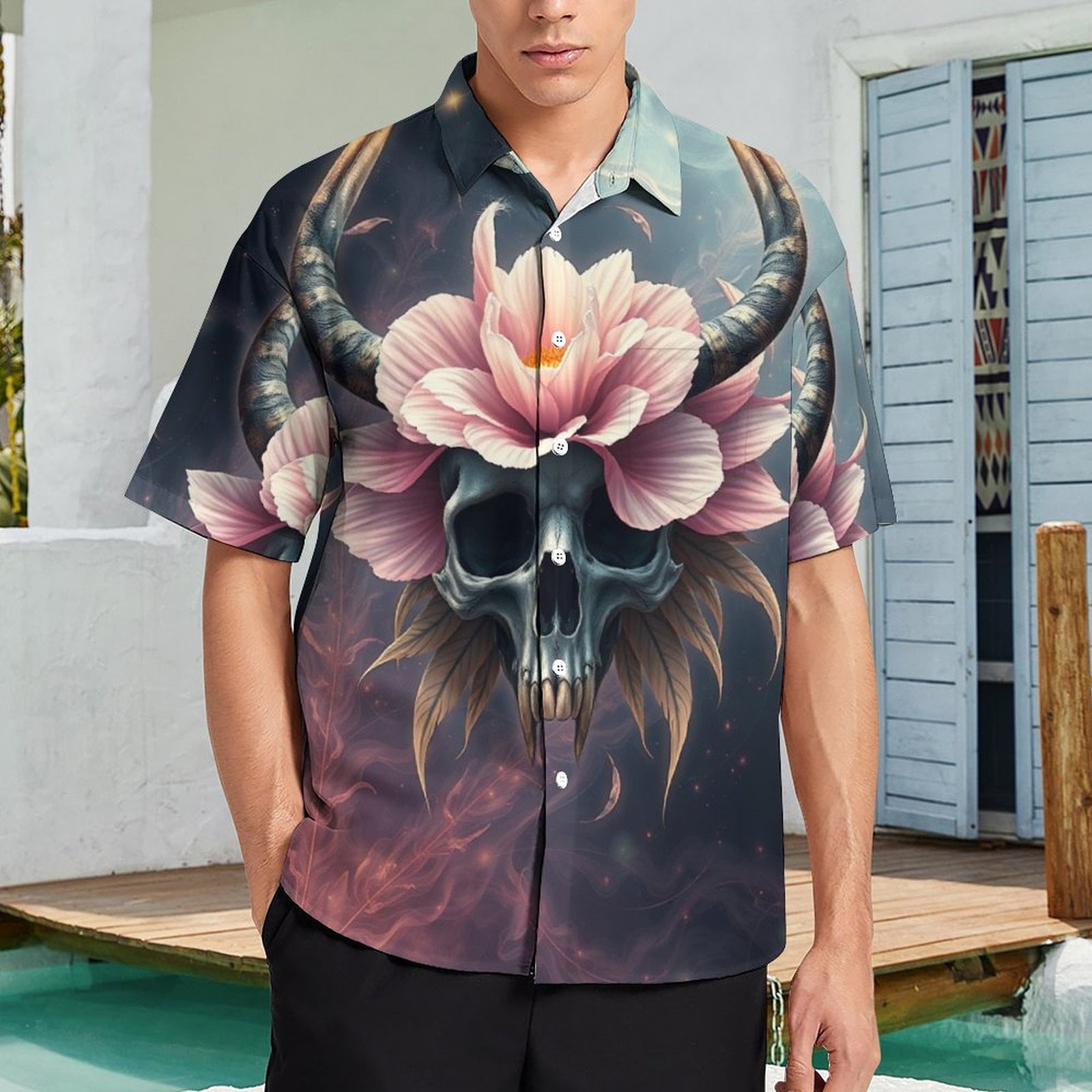 Beach Shirt Casual Shirts Flower And Feather Skull Art Pattern Male ...
