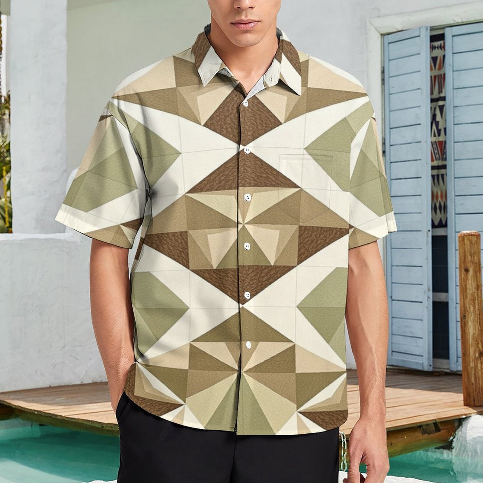 Beach Shirt Casual Shirts Geometric Brown Beige Green Pattern Tile Male ...