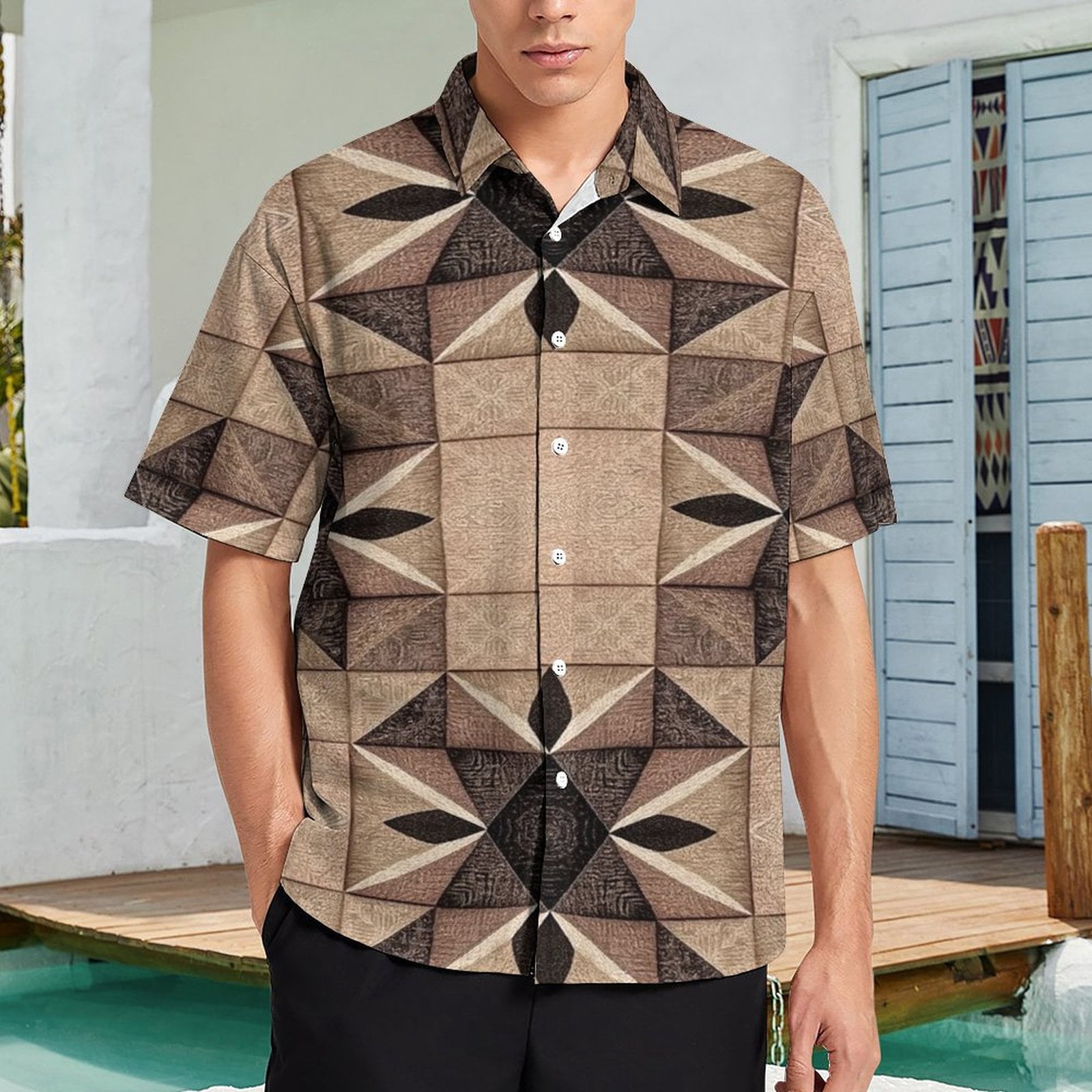 Beach Shirt Casual Shirts Geometric Brown Wood Tile Pattern Design Male ...