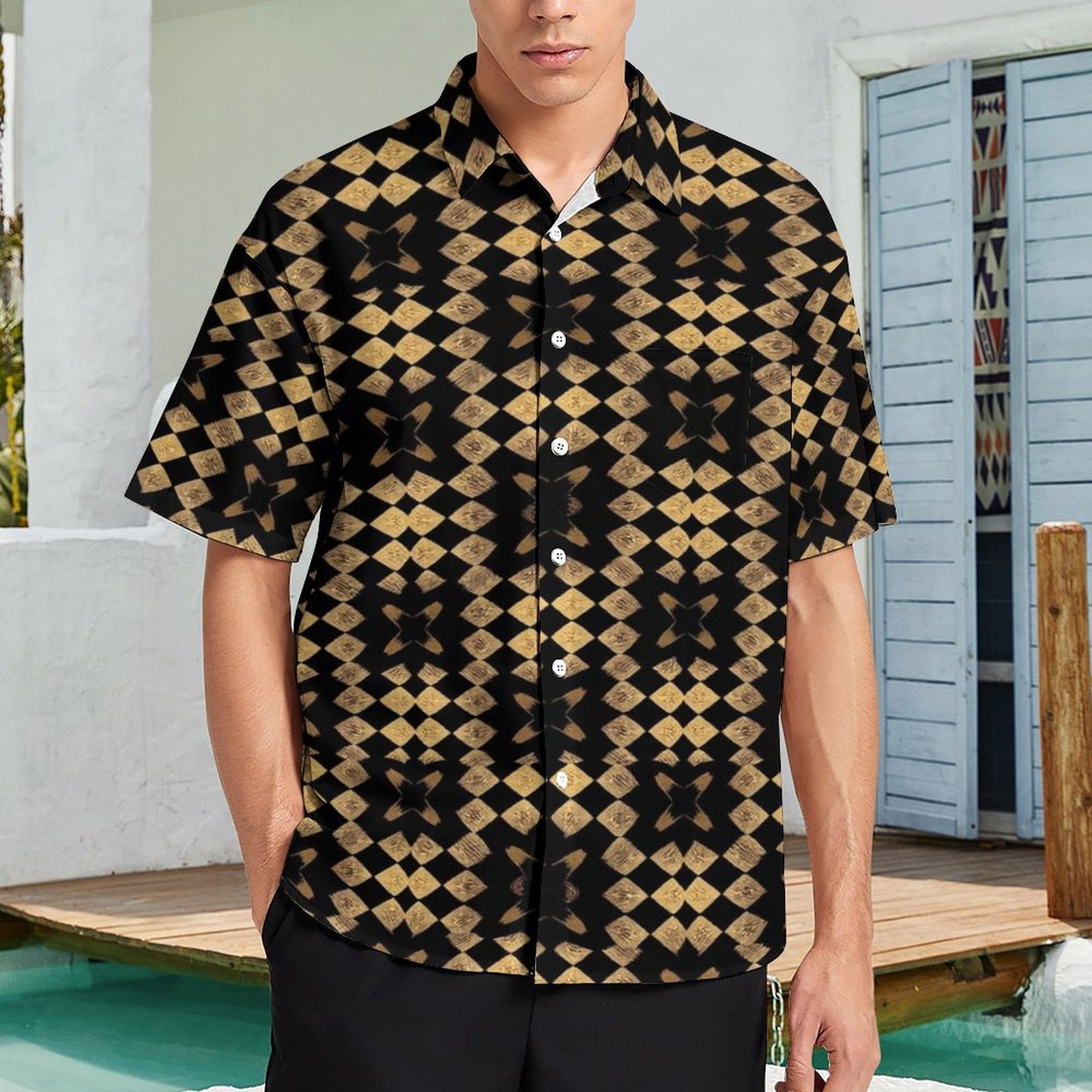 Beach Shirt Casual Shirts Gold Diamond Pattern Black Background Male ...
