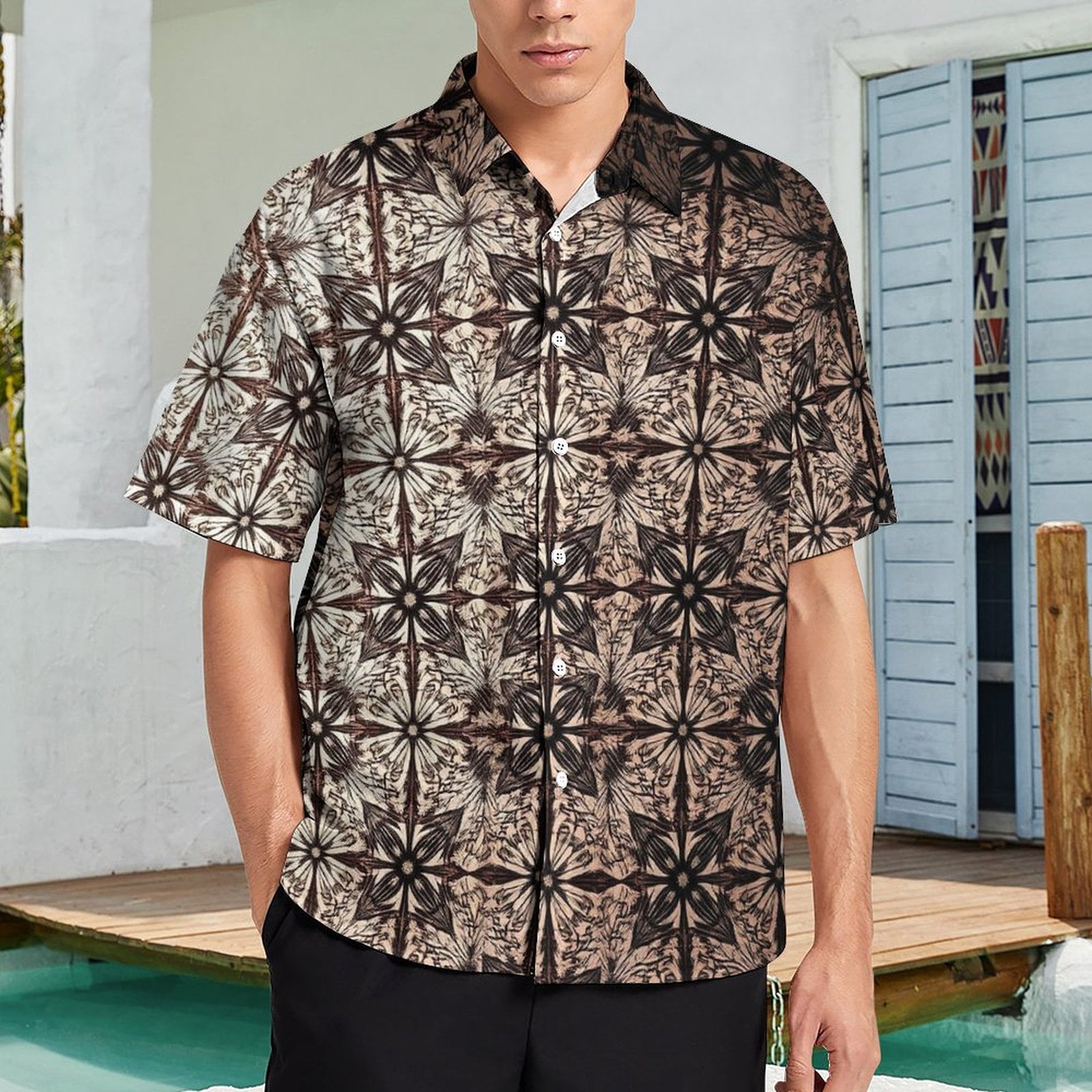Beach Shirt Casual Shirts Ornate Brown Floral Tile Pattern Design Male ...