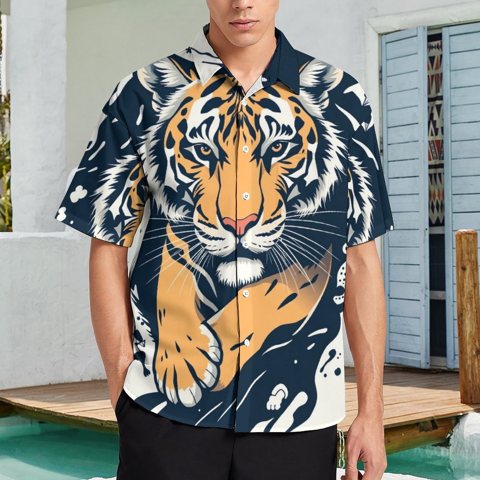 Beach Shirt Casual Shirts Powerful Tiger Ink Splash Design Art Male ...