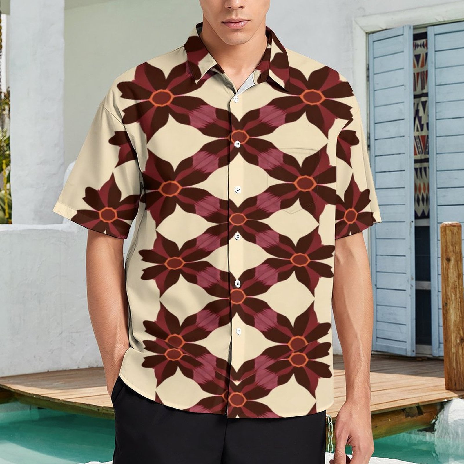 Beach Shirt Casual Shirts Red Floral Pattern Cream Background Seamless Design Male Novelty ...