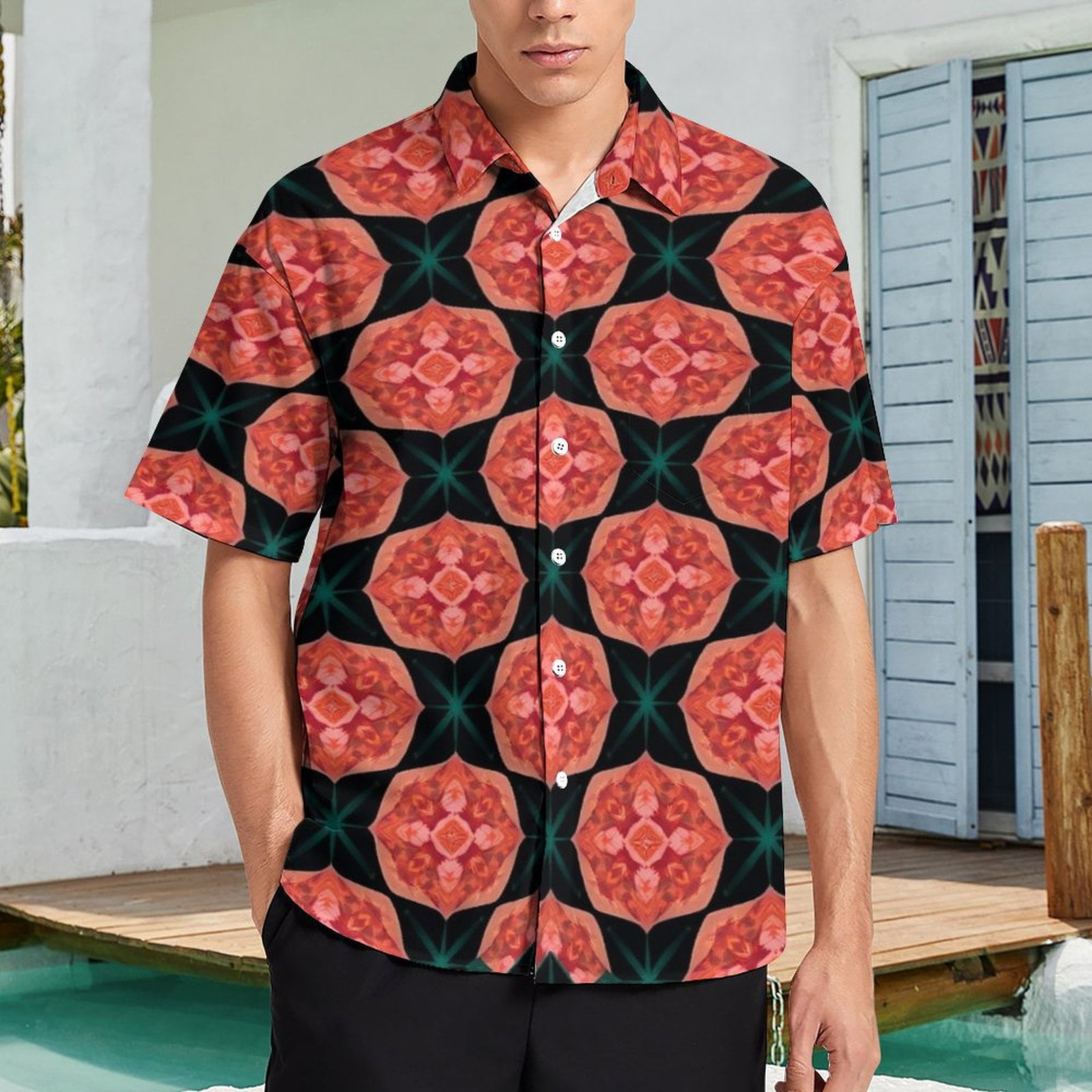 Beach Shirt Casual Shirts Repeating Coral Teal Floral Pattern Design Male Novelty Blouses ...