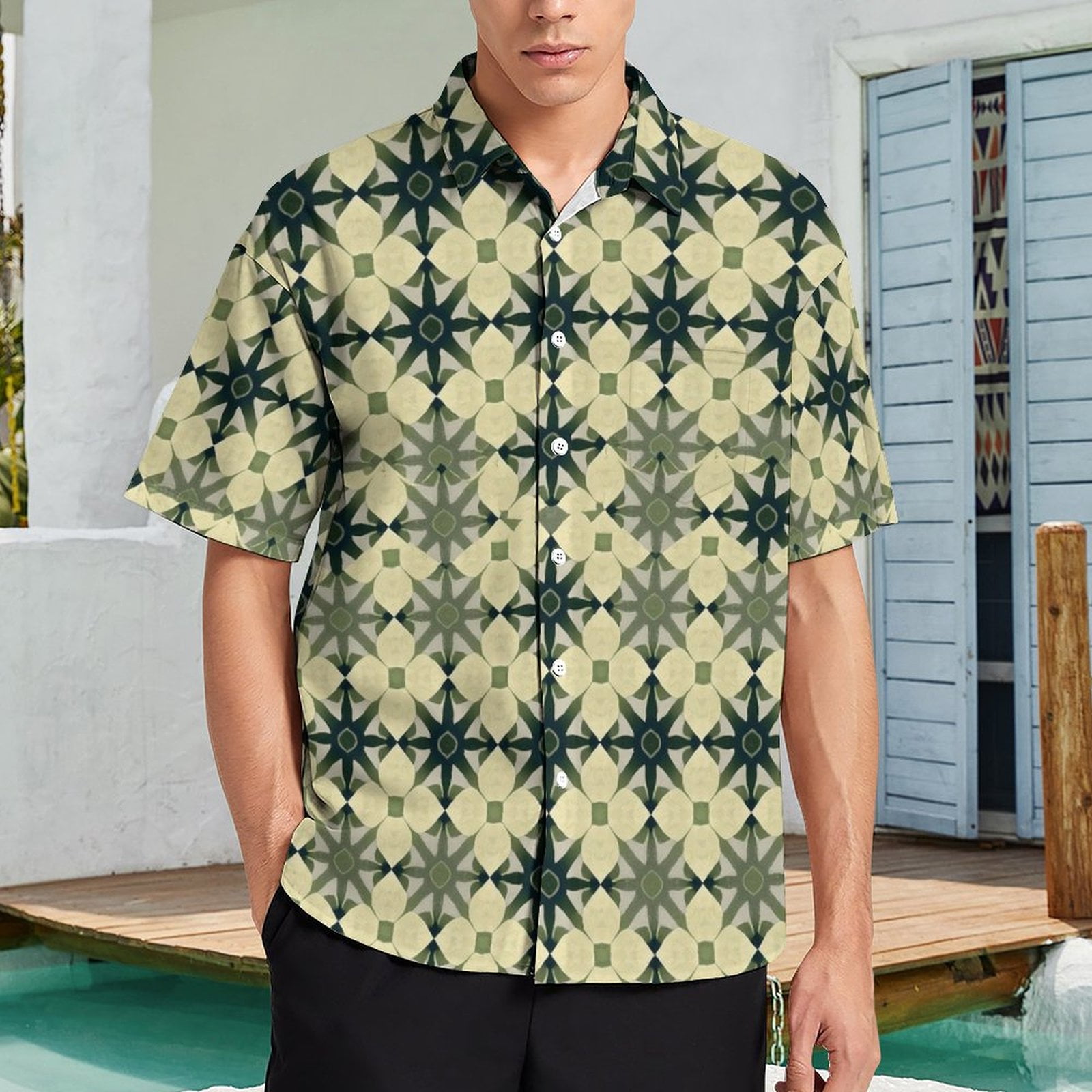 Beach Shirt Casual Shirts Repeating Geometric Star Pattern Beige Green ...