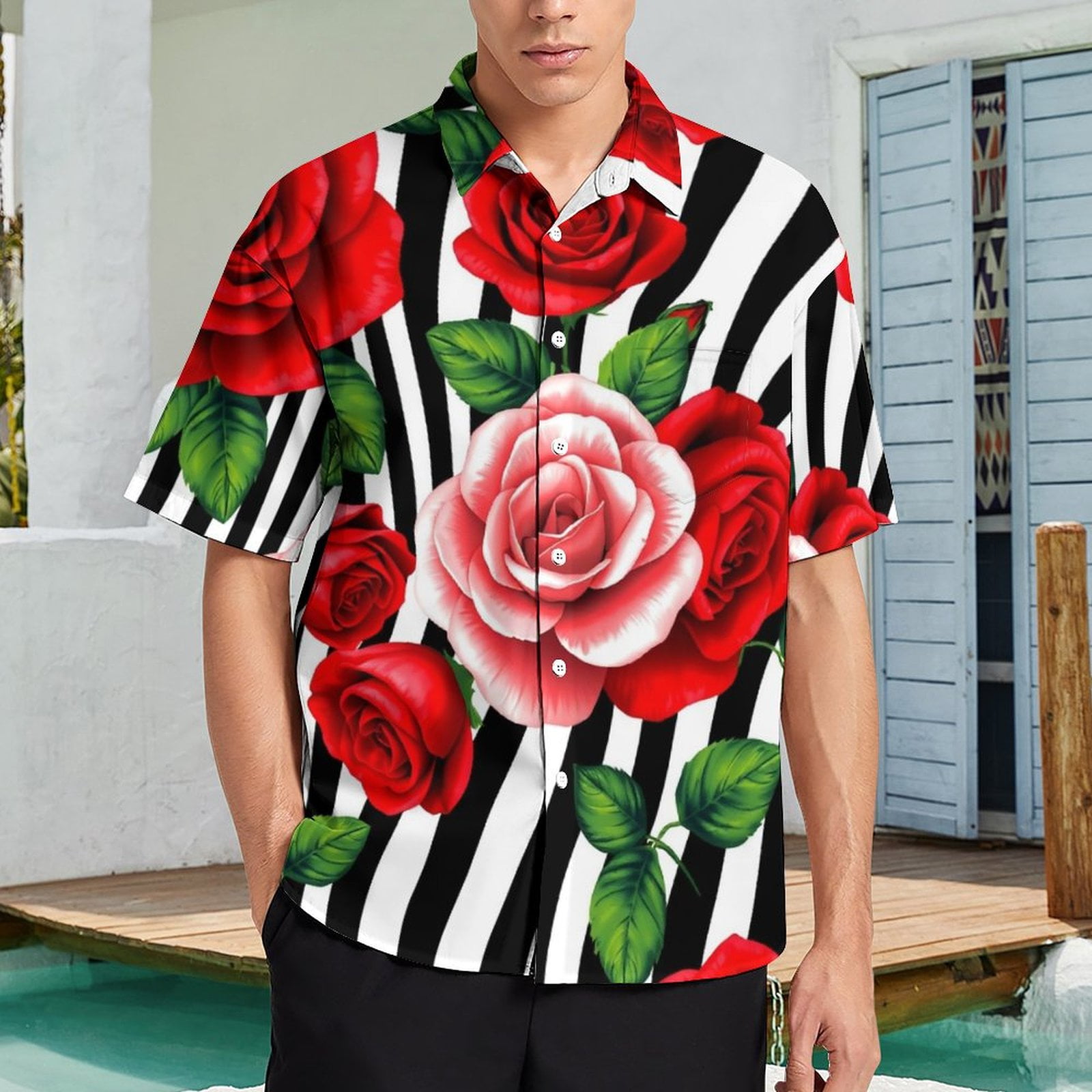 Beach Shirt Casual Shirts Rose And Zebra Print Pattern Male Novelty ...
