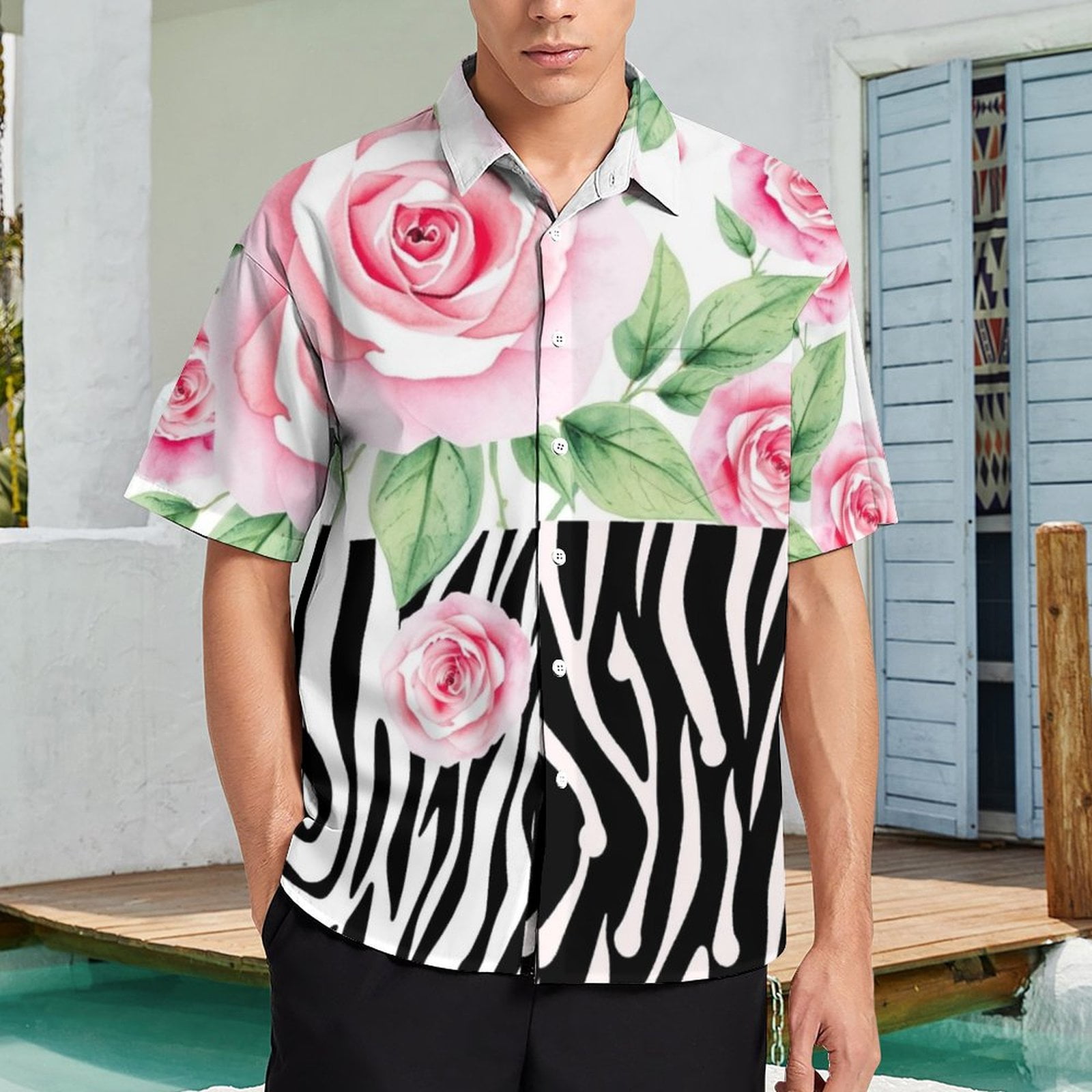 Beach Shirt Casual Shirts Rose And Zebra Print Pattern Male Novelty ...