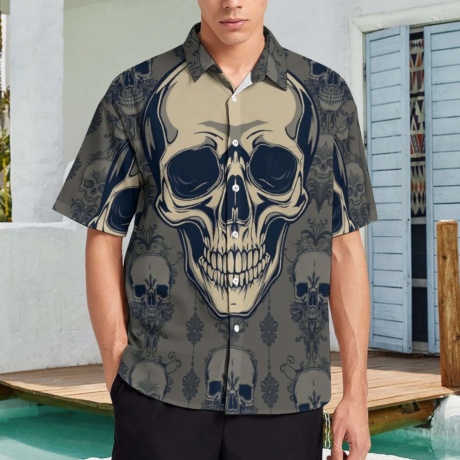 Beach Shirt Casual Shirts Skull Pattern Dark Floral Design Male Novelty Blouses - Walmart.com