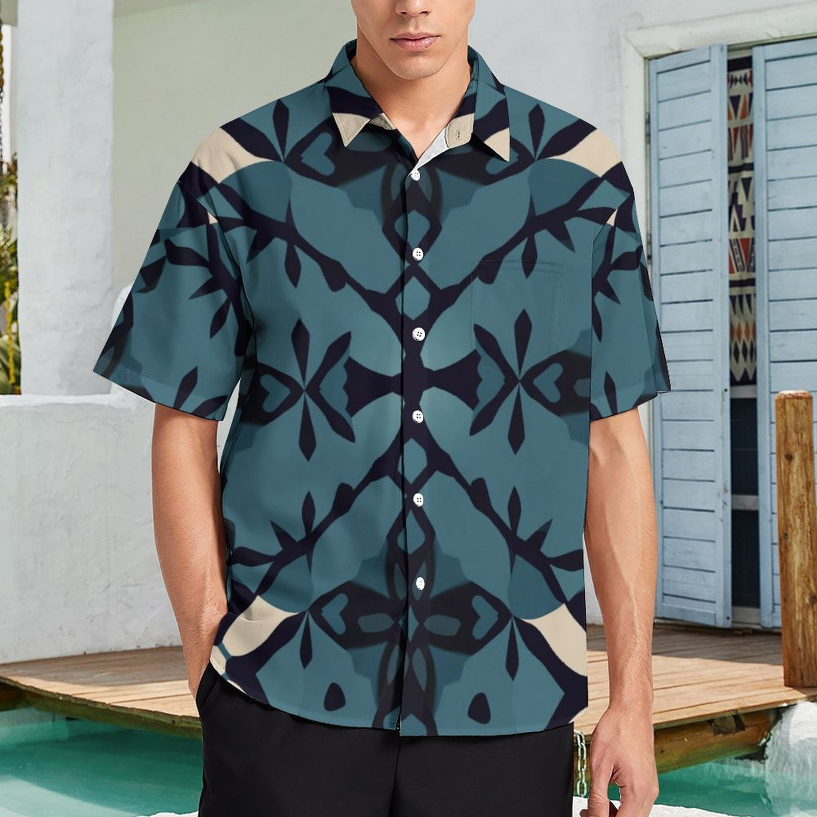Beach Shirt Casual Shirts Teal Blue Abstract Floral Pattern Design Male Novelty Blouses ...