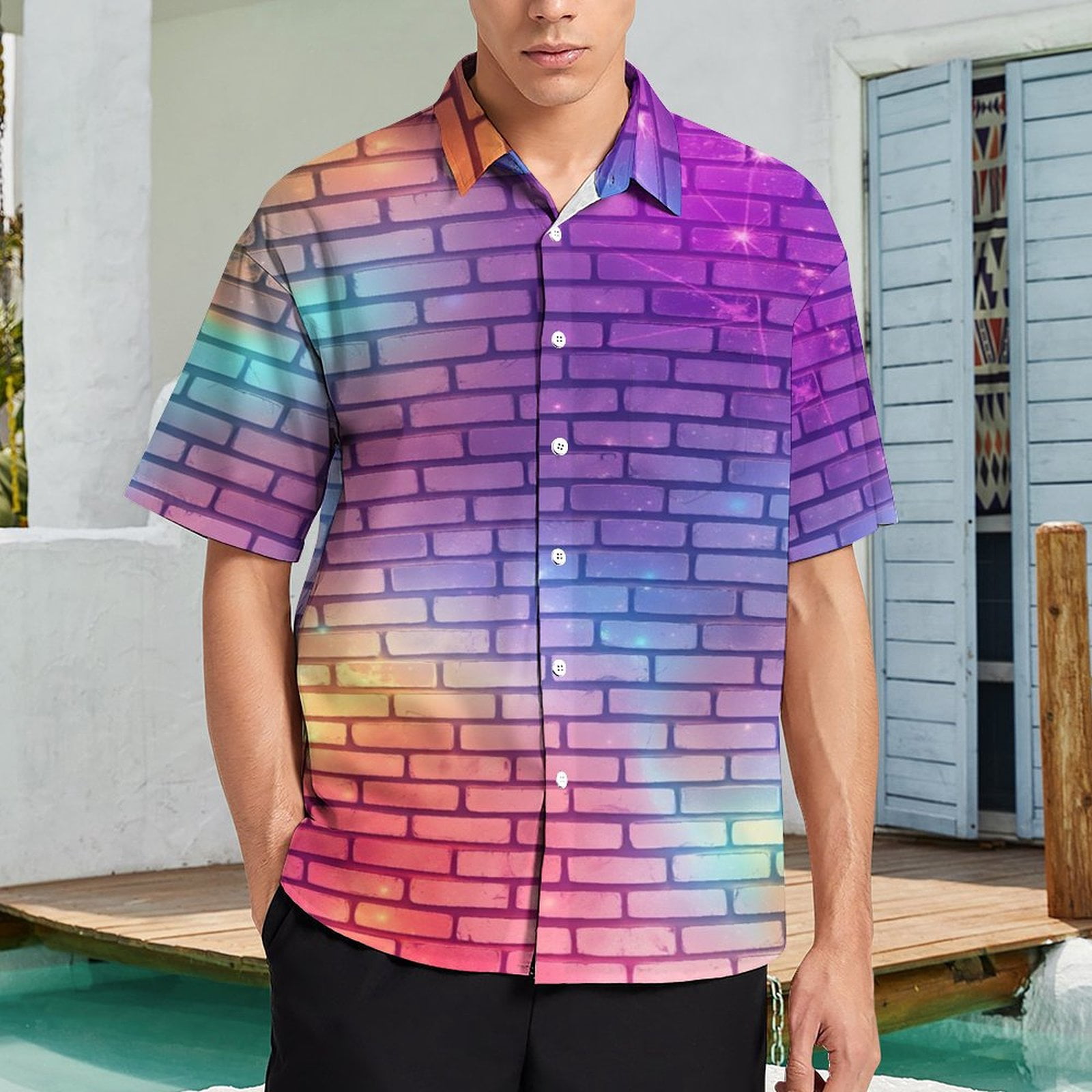 Beach Shirt Colorful Brick Wall Man Retro Casual Shirts - Walmart.com